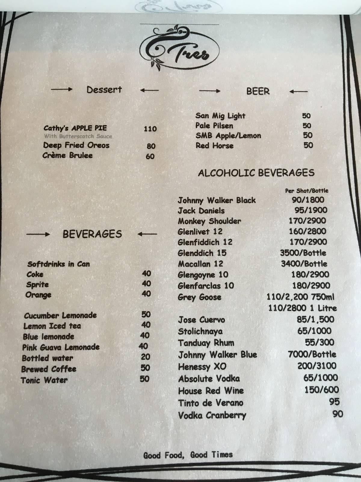 Menu at TRES Kitchen + Bar, Dumaguete