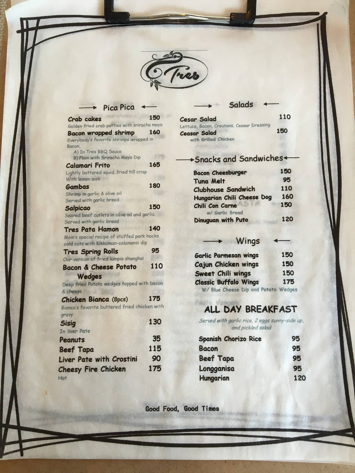 Menu at TRES Kitchen + Bar, Dumaguete