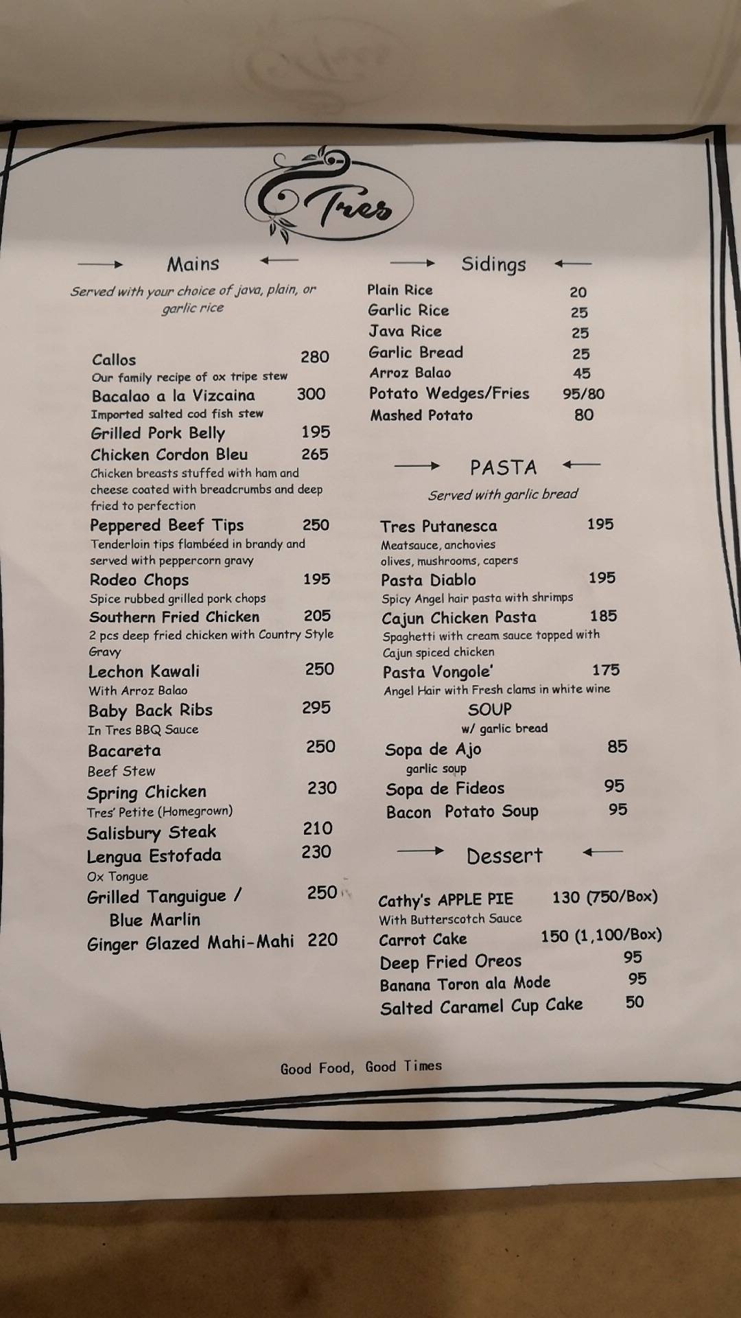 Menu at TRES Kitchen + Bar, Dumaguete