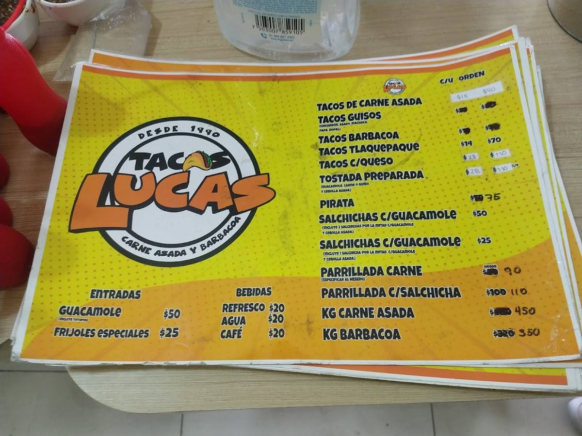 Carta del restaurante Tacos Lucas, Monterrey