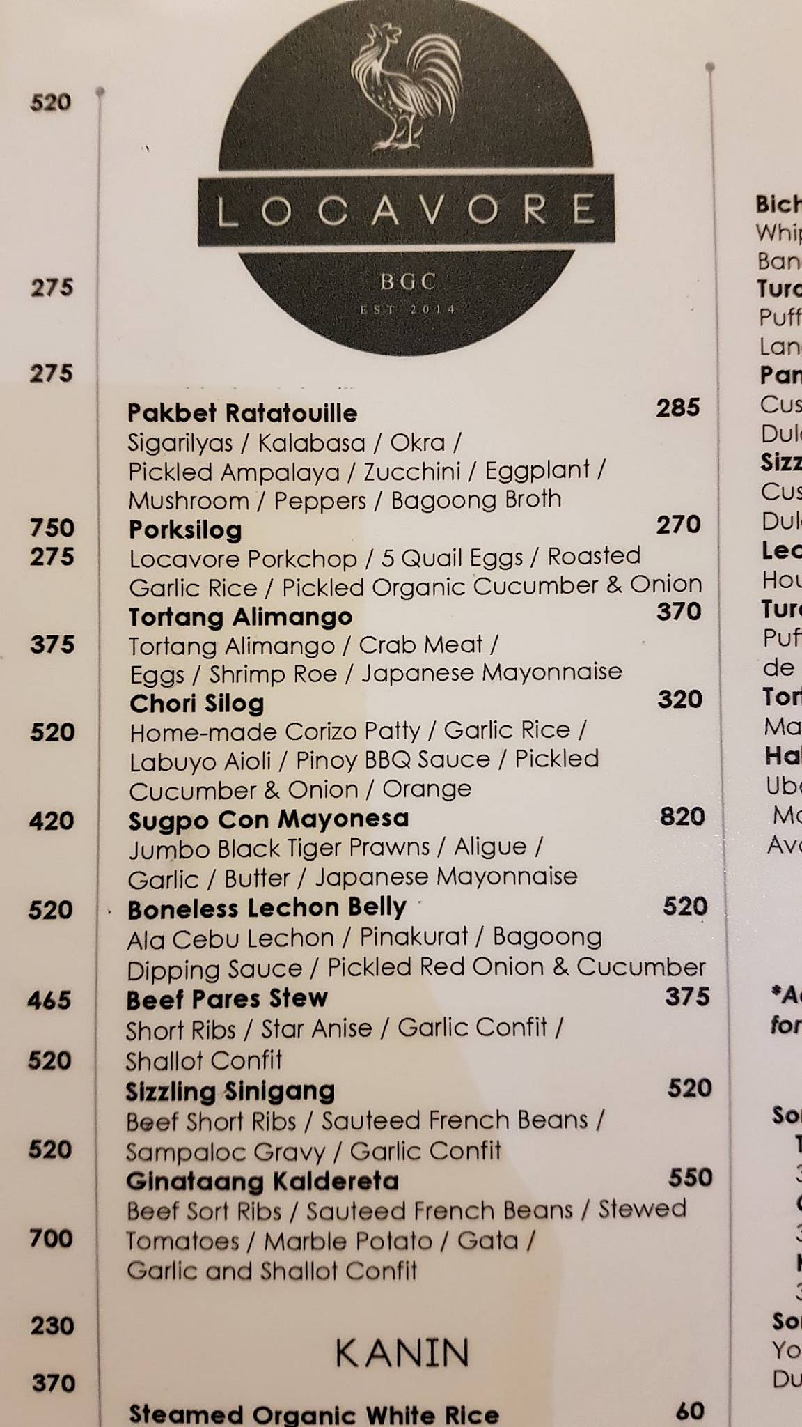 Menu at Locavore BGC restaurant, Taguig, Forbes Town Center