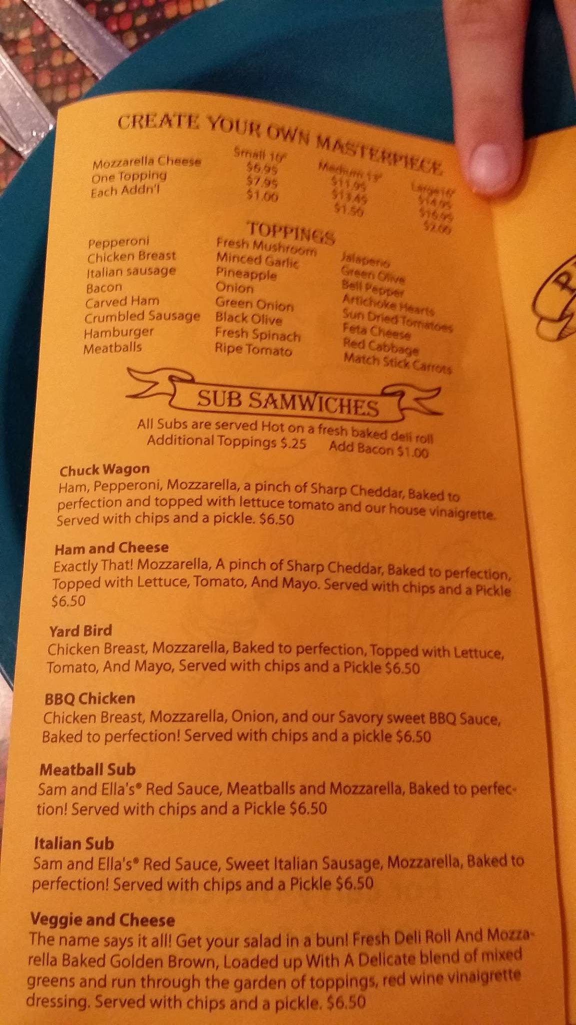 Menu at Sam & Ella's Chicken Palace pizzeria, Tahlequah