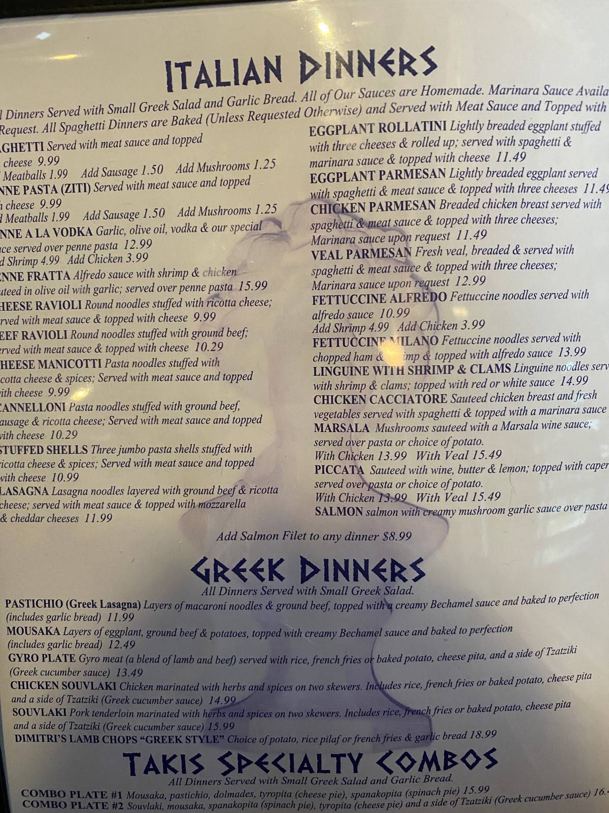 Menu at Takis Restaurant, Leesburg, N 14th St