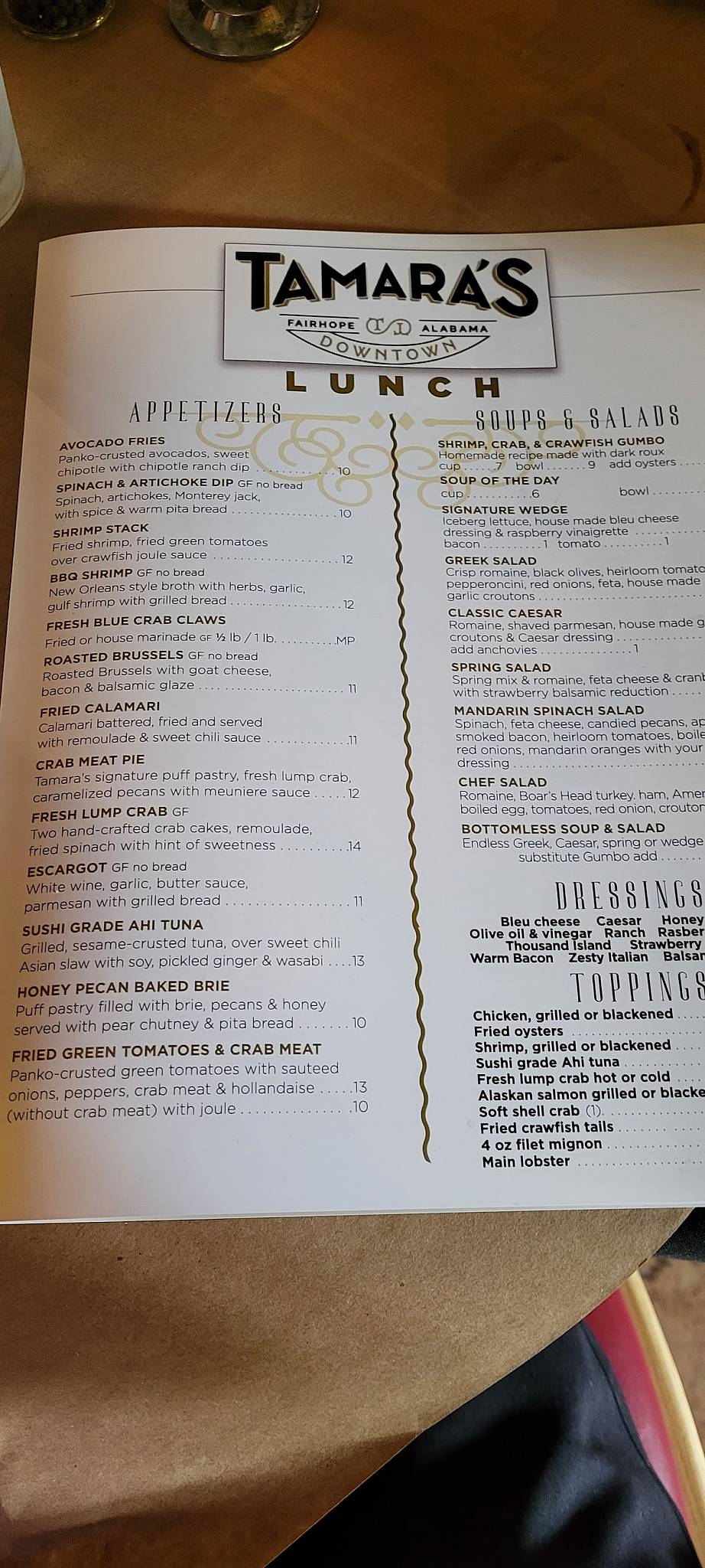 Menu at Tamara's Downtown restaurant, Fairhope