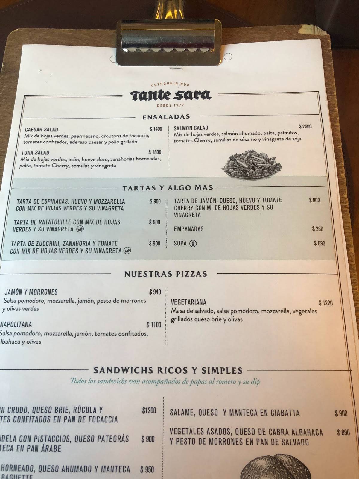 Carta de cafetería Tante Sara Pastelería y Restó, Ushuaia, BFB