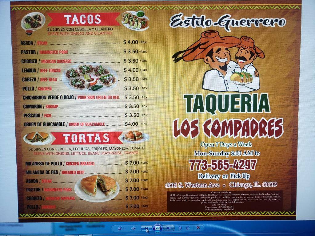Menu at Taqueria los compadres restaurant, Chicago, S Western Ave