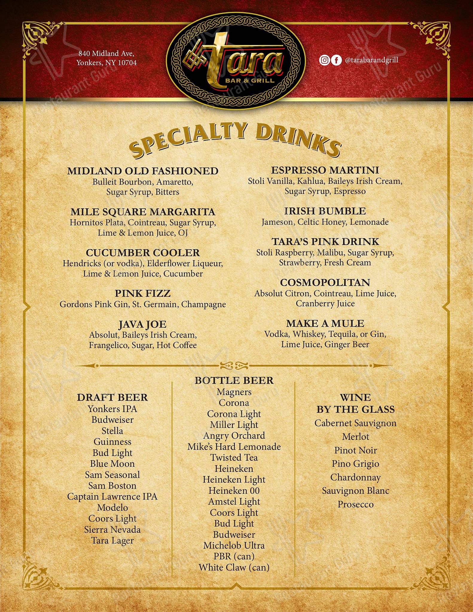 Menu at Tara Bar & Grill, Yonkers