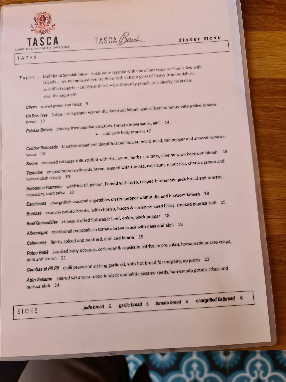 Menu at Tasca Beach restaurant, Orewa, 316 Hibiscus Coast Hwy