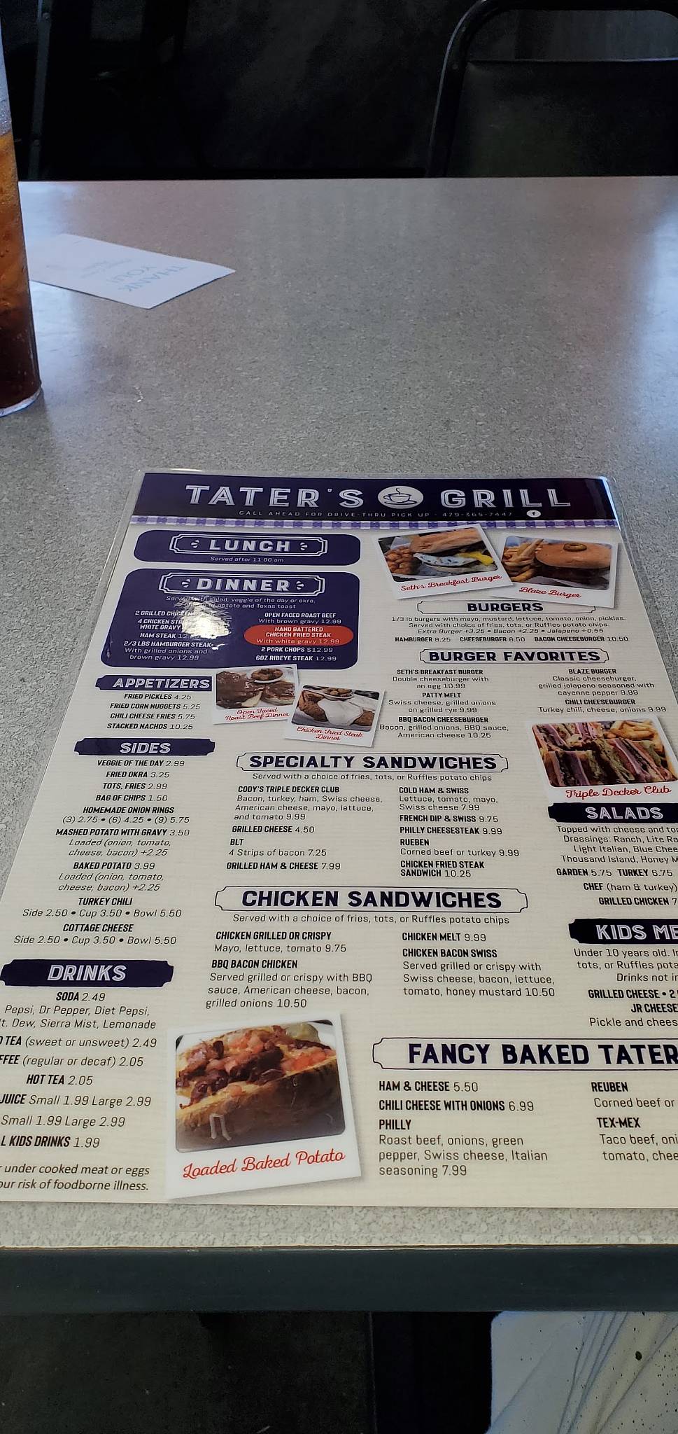 Menu at Tater's Fresh Grill restaurant, Lowell