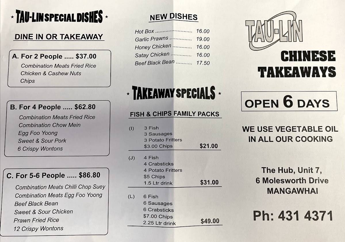 Menu at Tau Lin Chinese Takeaways restaurant, Mangawhai
