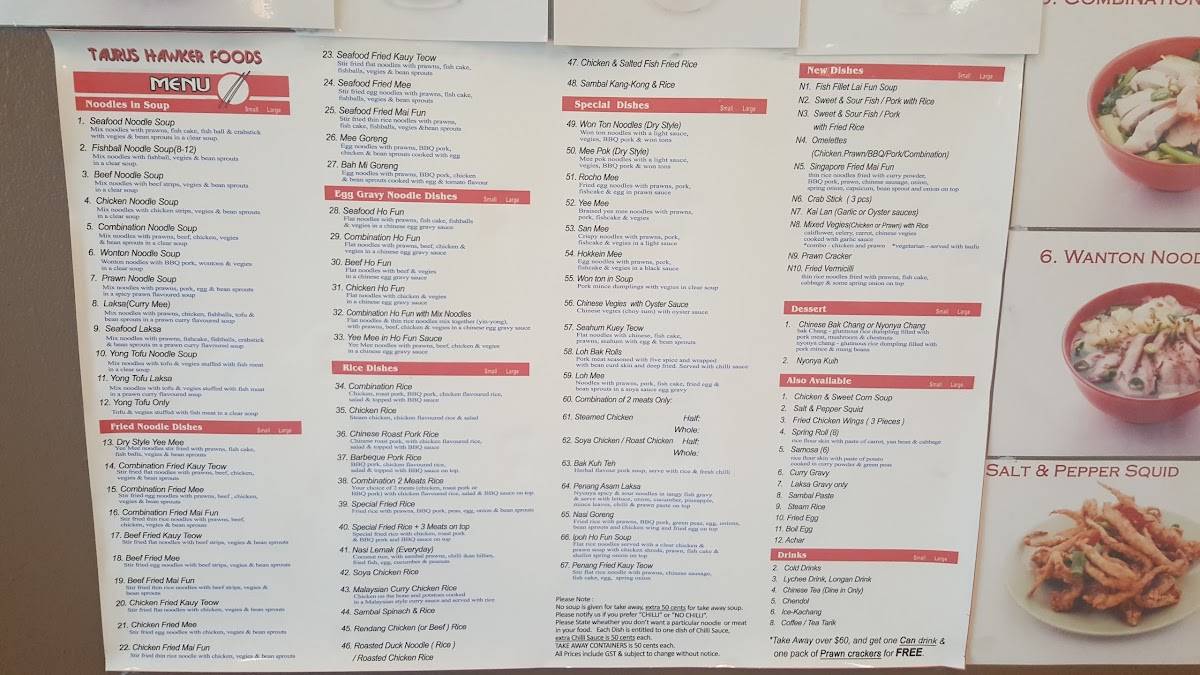 Menu at Taurus Hawker Foods restaurant, Willetton