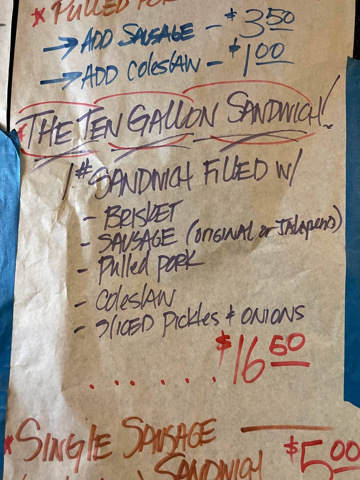 Menu at Louie Mueller Barbecue, Taylor