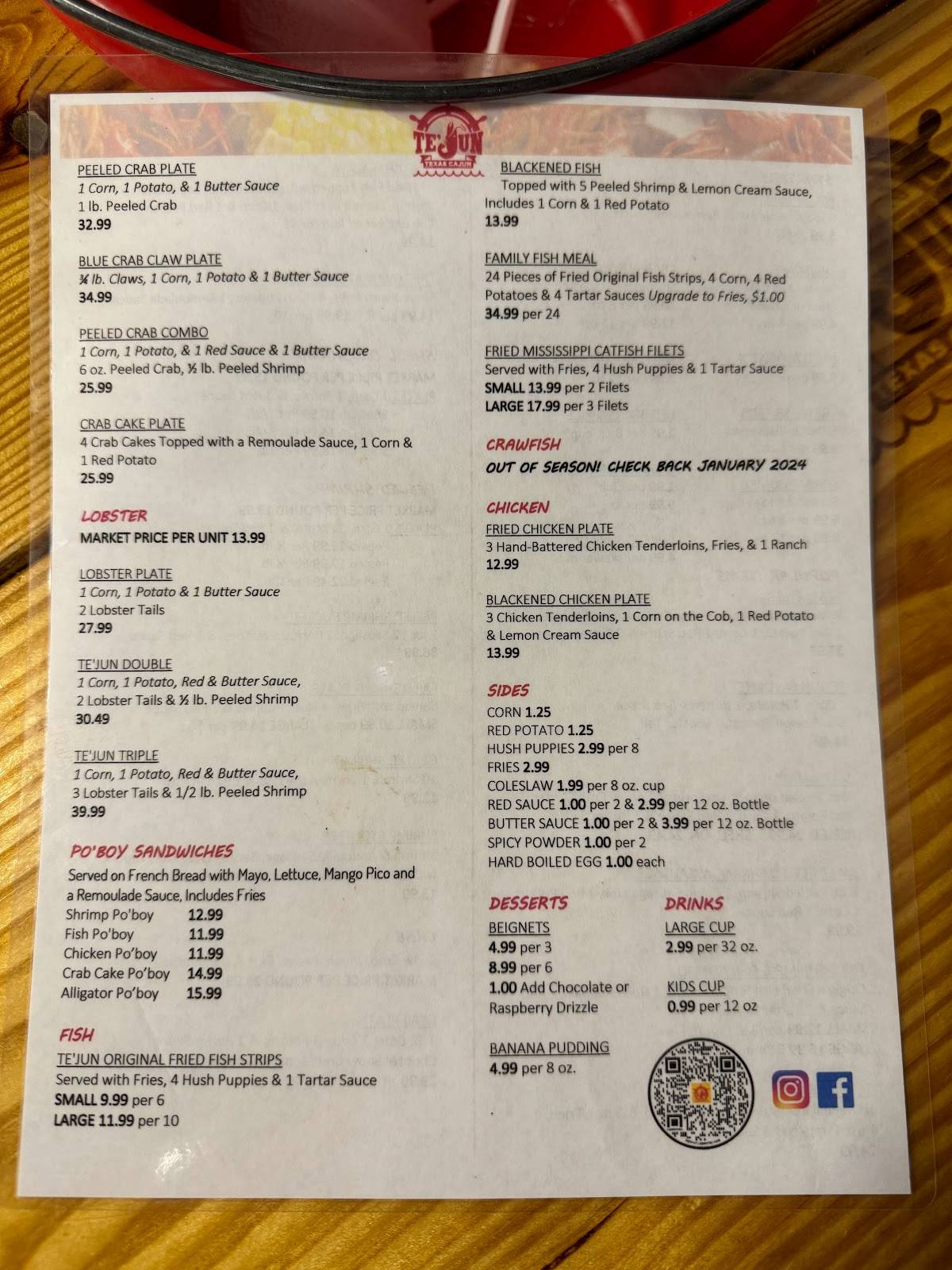 Menu at Tejun The Texas Cajun- Robinson restaurant, Robinson