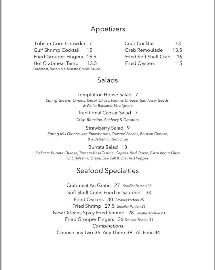 Menu at Temptation Restaurant, Boca Grande