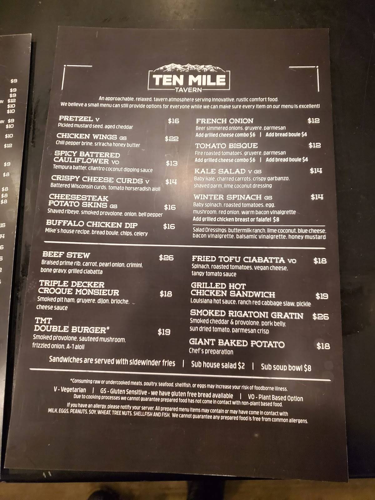 Menu at Ten Mile Tavern pub & bar, Copper Mountain, 209 Ten Mile Cir