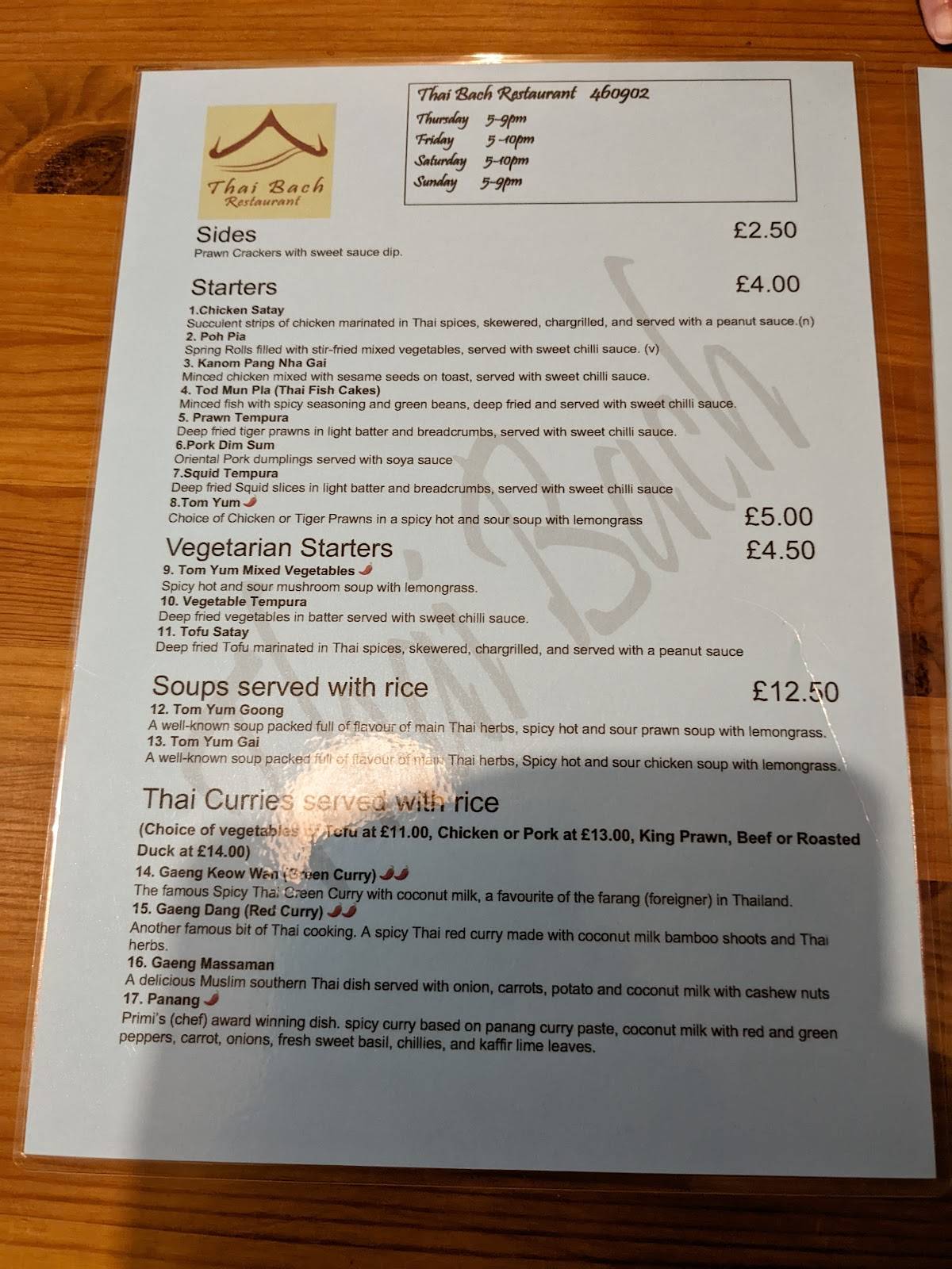 Menu at Thai Bach Restaurant, Swansea