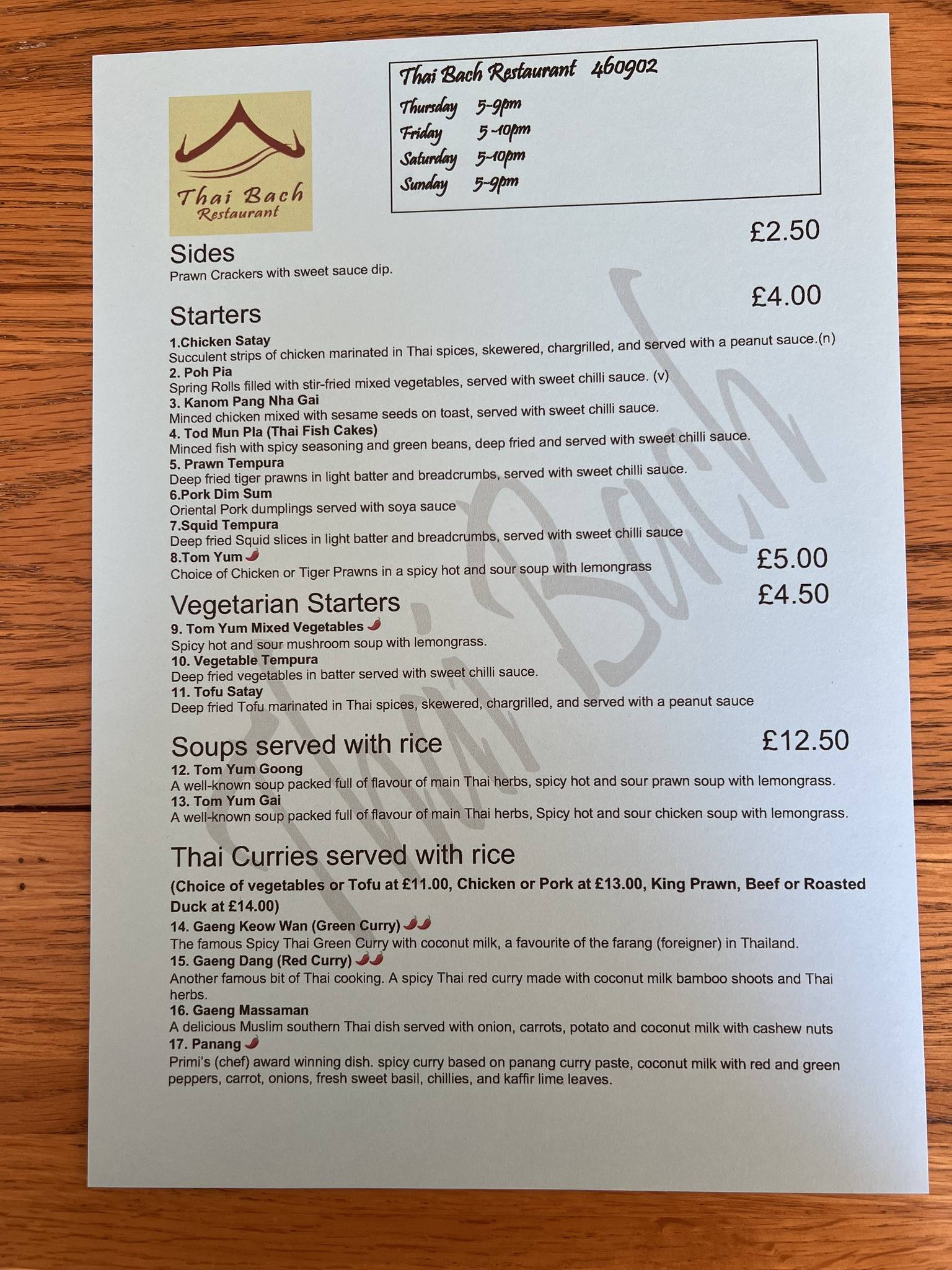 Menu at Thai Bach Restaurant, Swansea