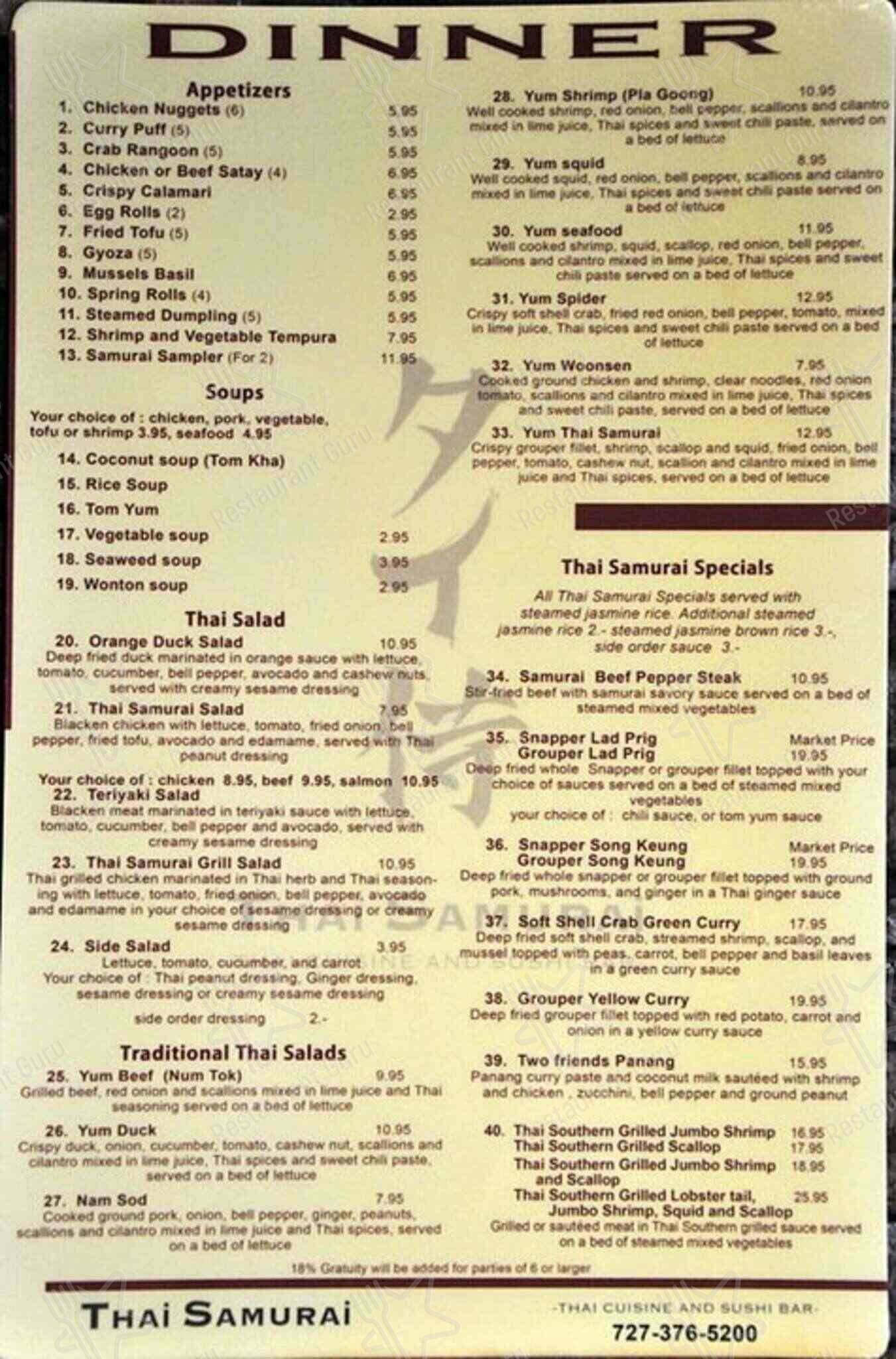 Menu at Thai Samurai Restaurant, New Port Richey, Little Rd