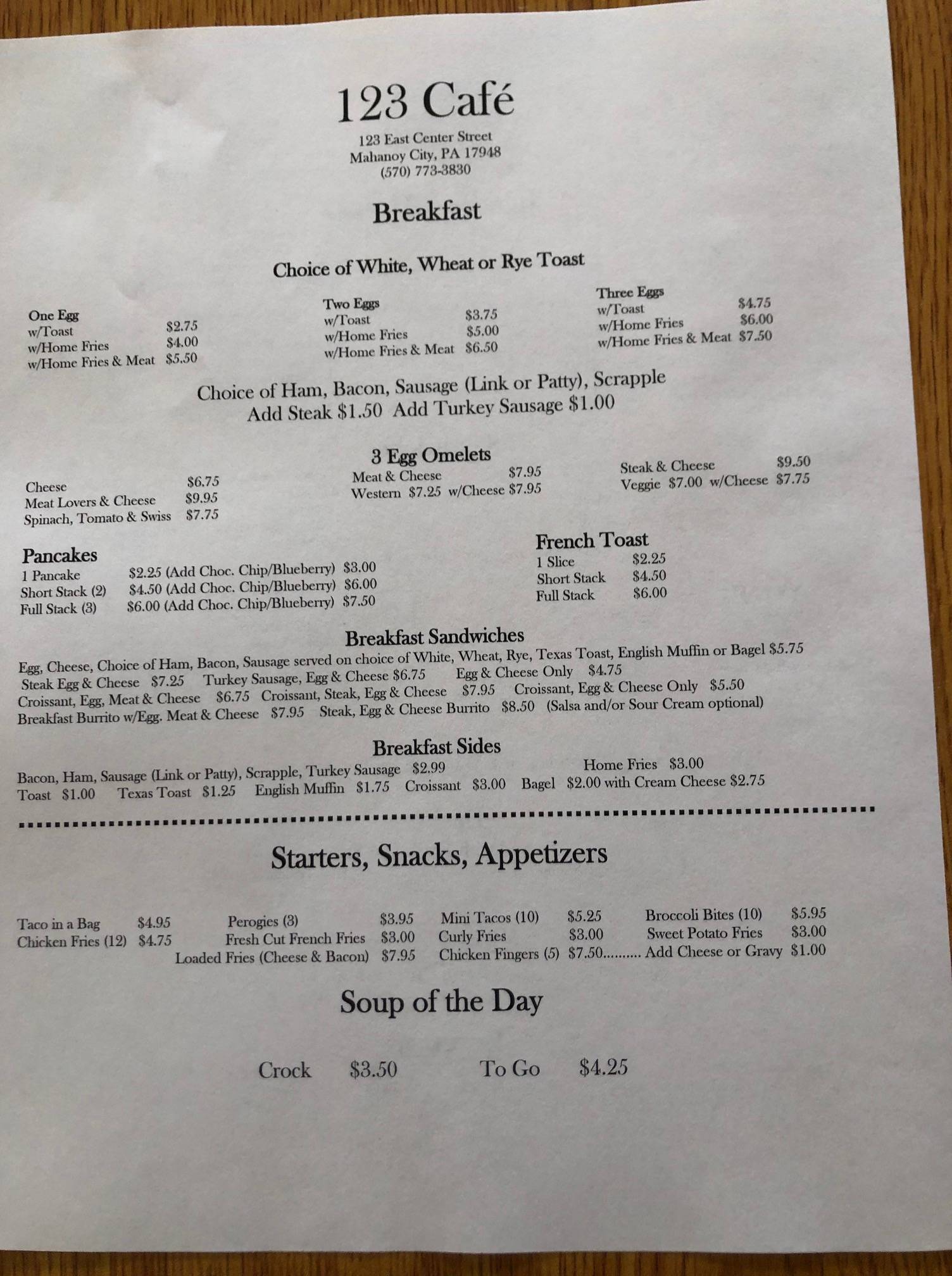 Menu at The 123 Cafe, Mahanoy City, 123 E Centre St