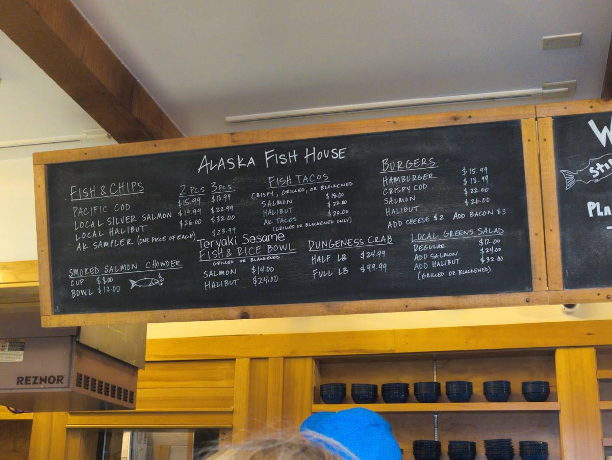 Menu at The Alaska Fish House restaurant, Ketchikan, 3 Salmon Landing