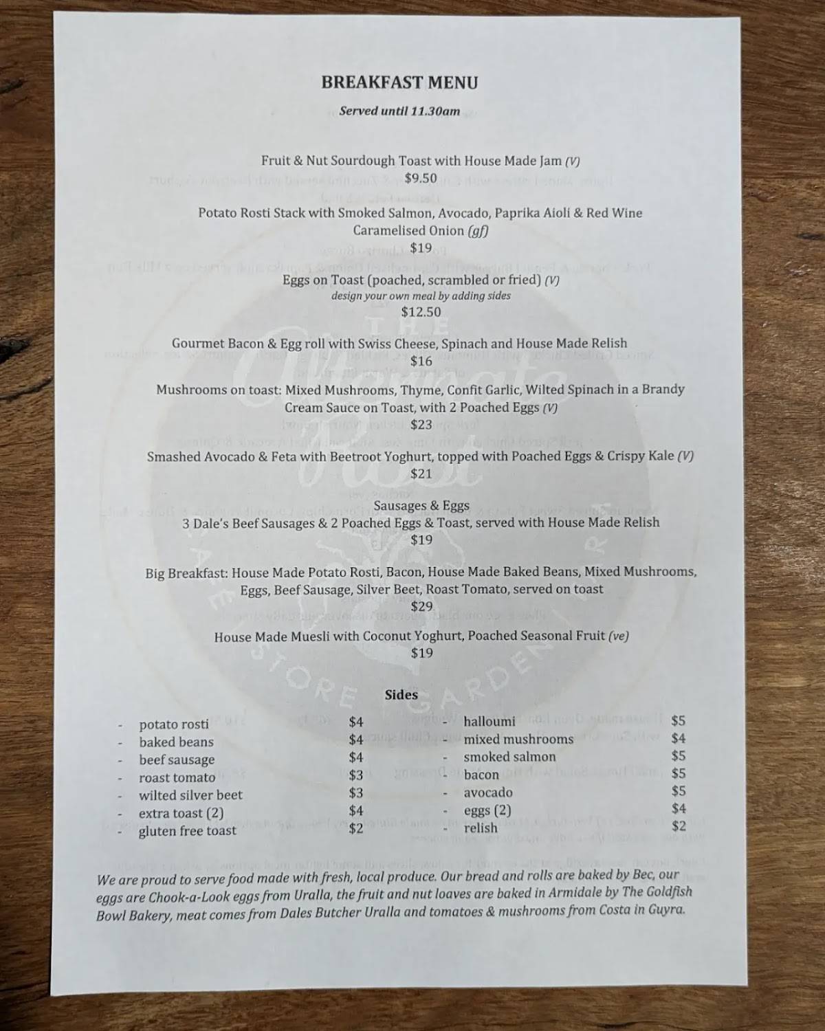 Menu at The Alternate Root cafe, Uralla
