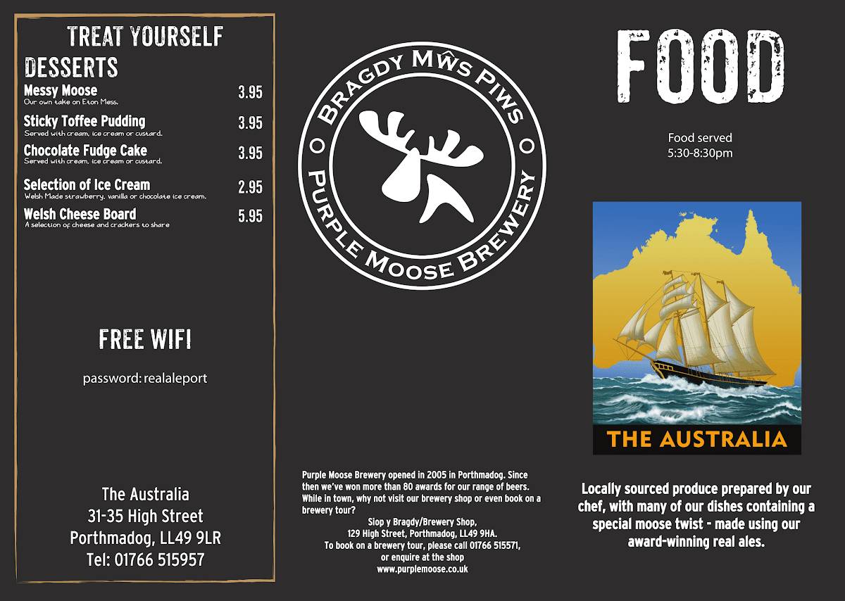 Menu at The Australia pub & bar, Porthmadog