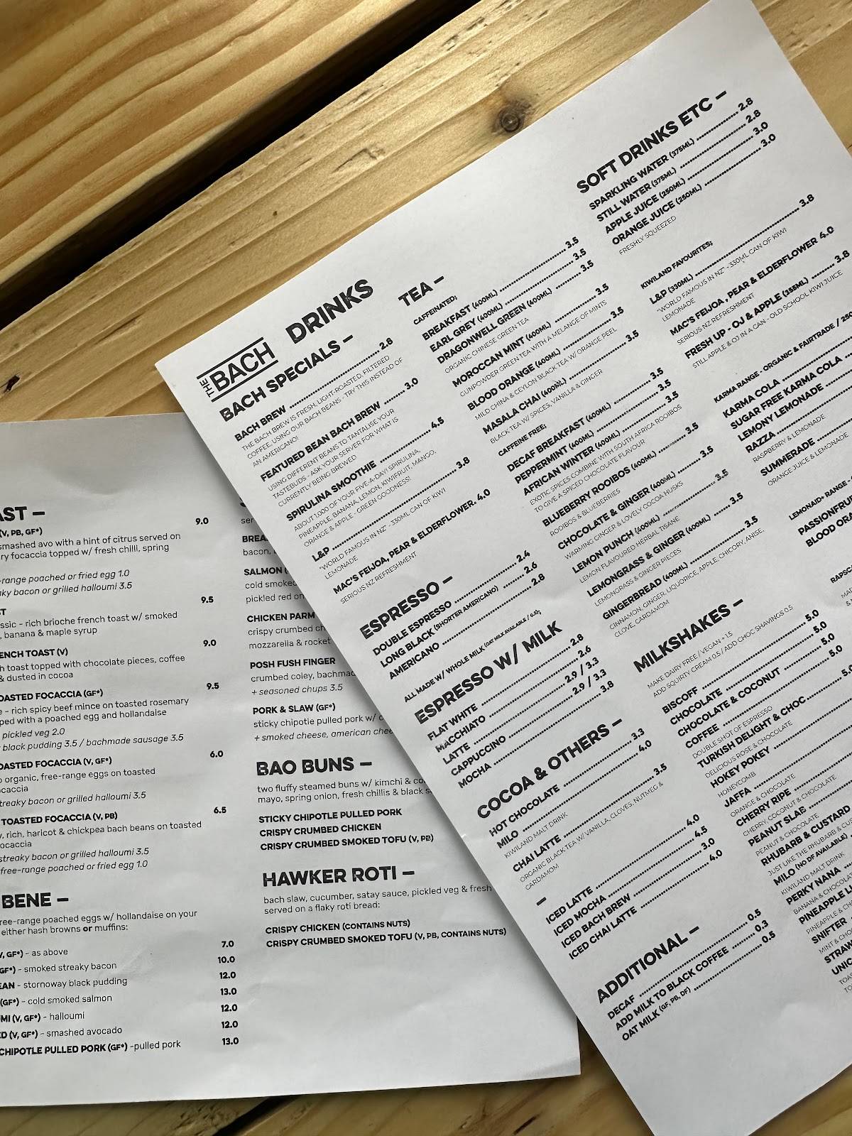 Menu at The Bach cafe, Dundee