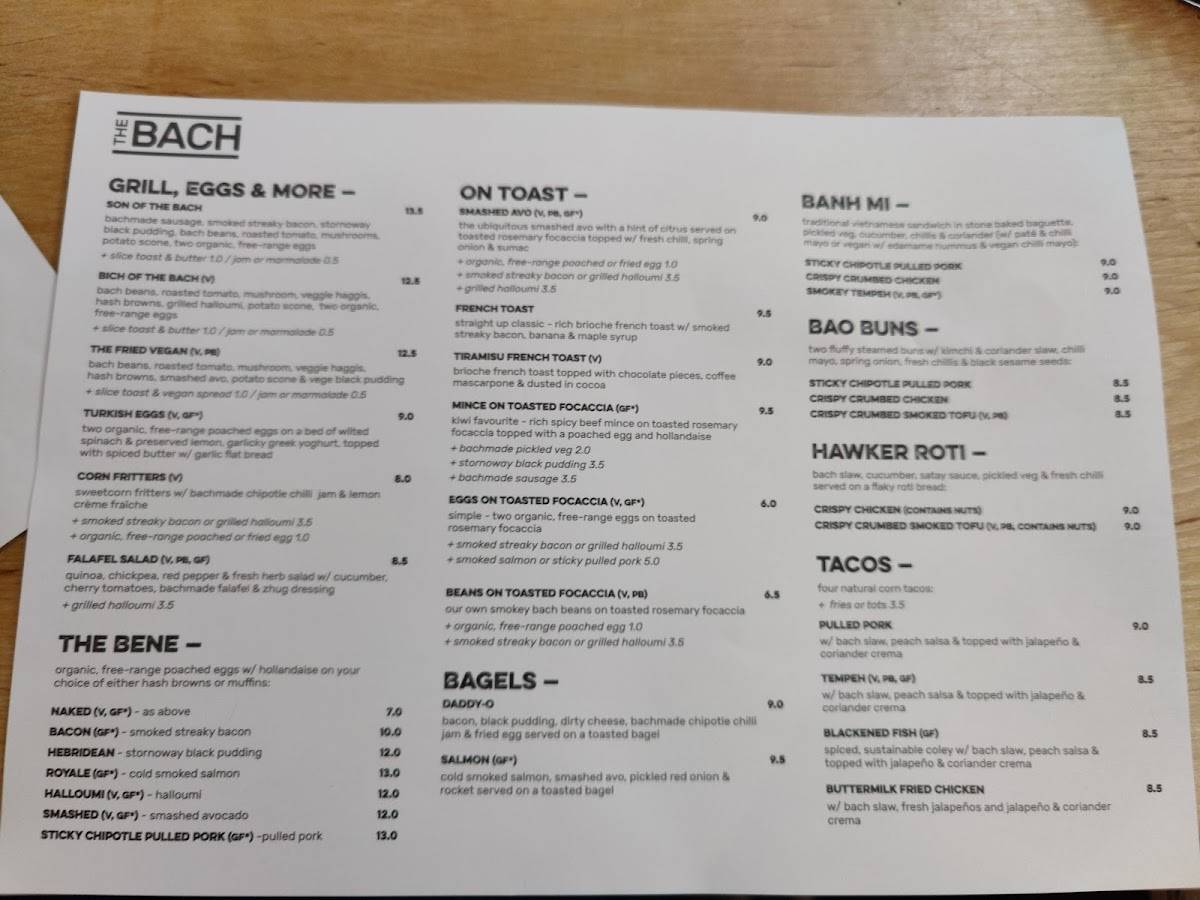 Menu at The Bach cafe, Dundee