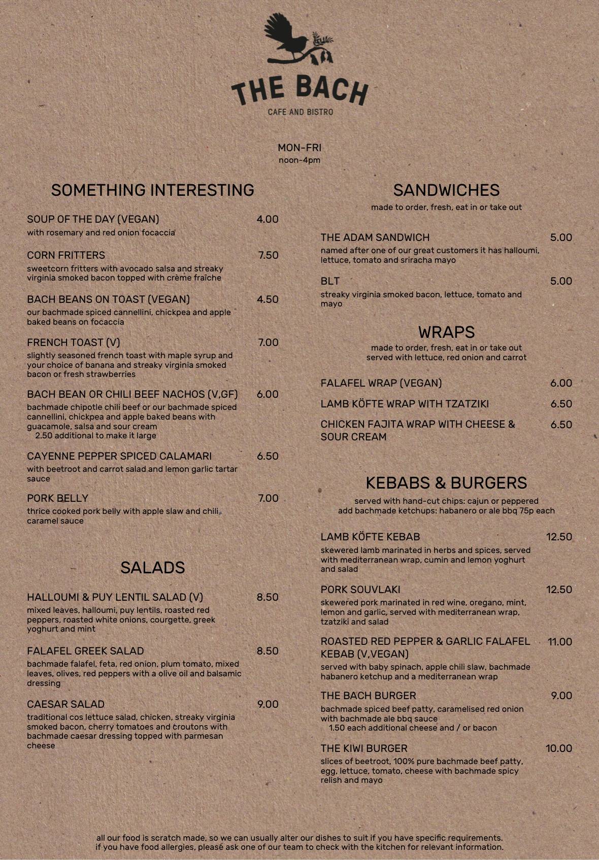 Menu at The Bach cafe, Dundee