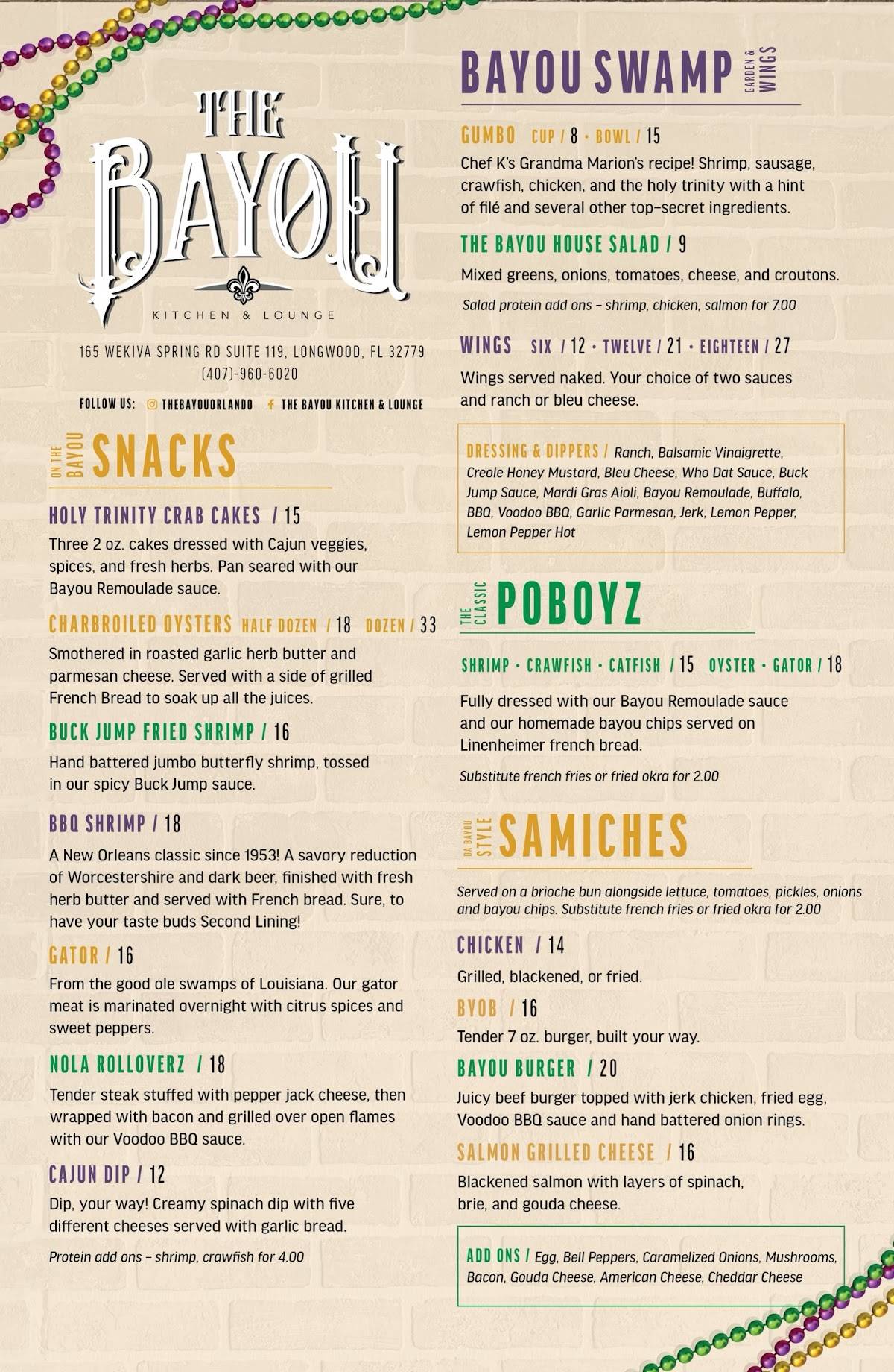 Menu at The Bayou Kitchen & Lounge restaurant, Longwood