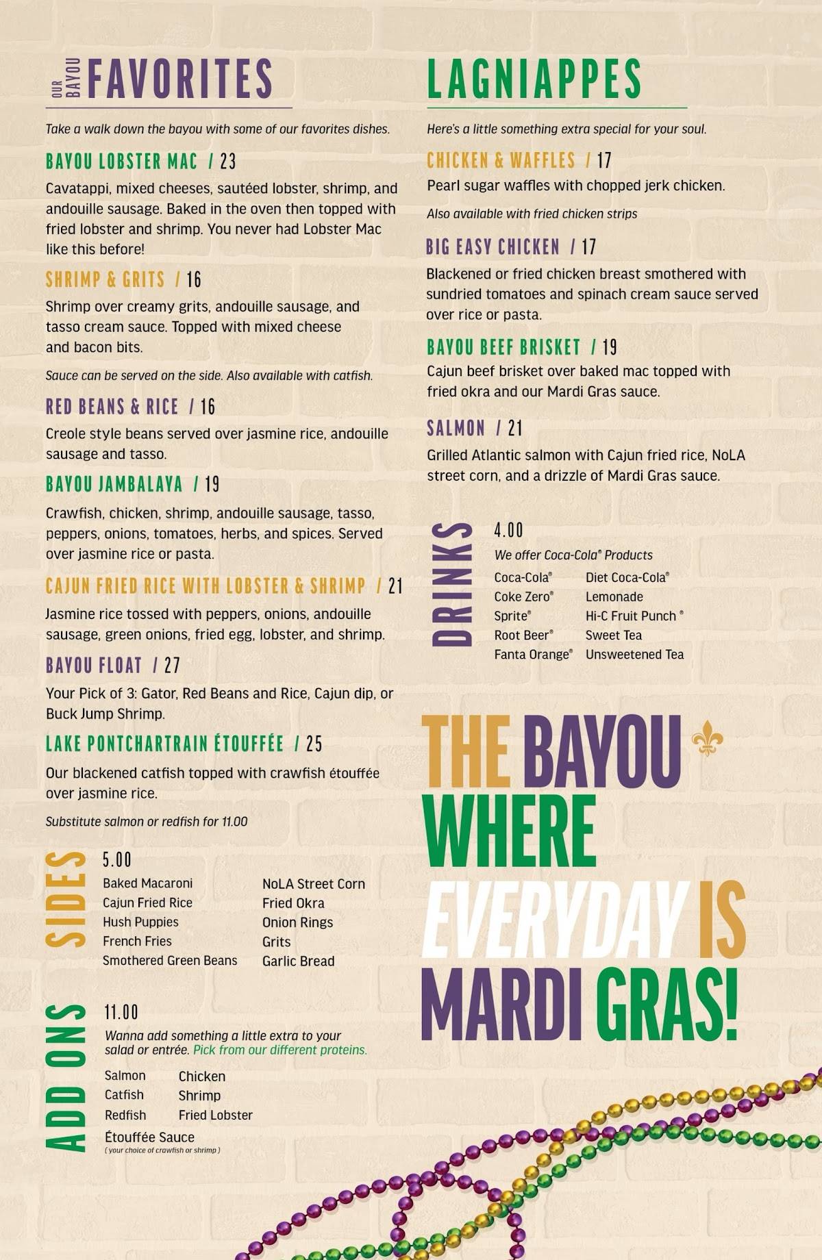 Menu at The Bayou Kitchen & Lounge restaurant, Longwood