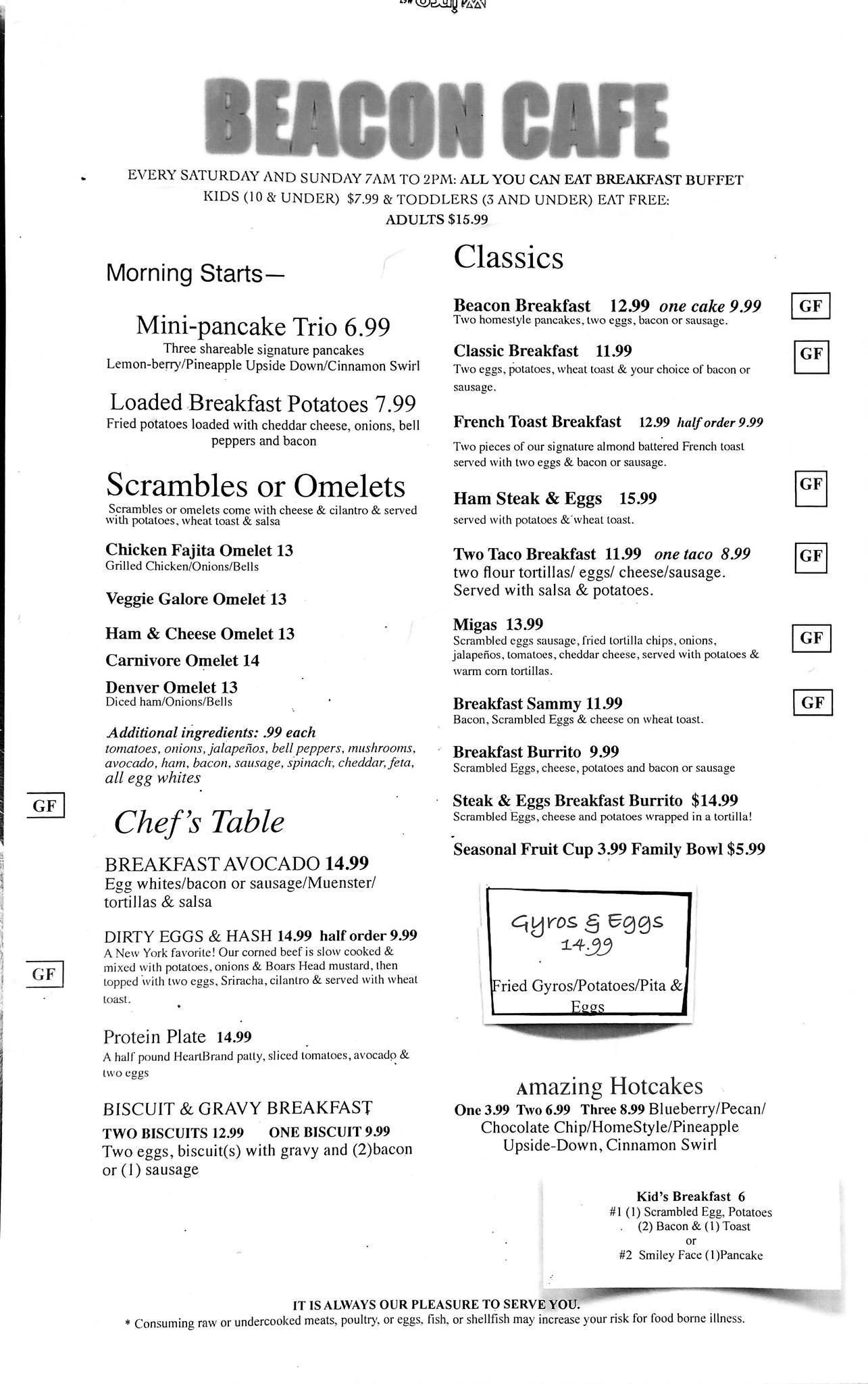 Menu at The Beacon Cafe, Fort Worth, US-287 BUS