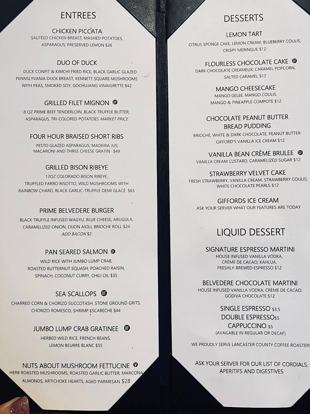 Menu at The Belvedere Inn restaurant, Lancaster