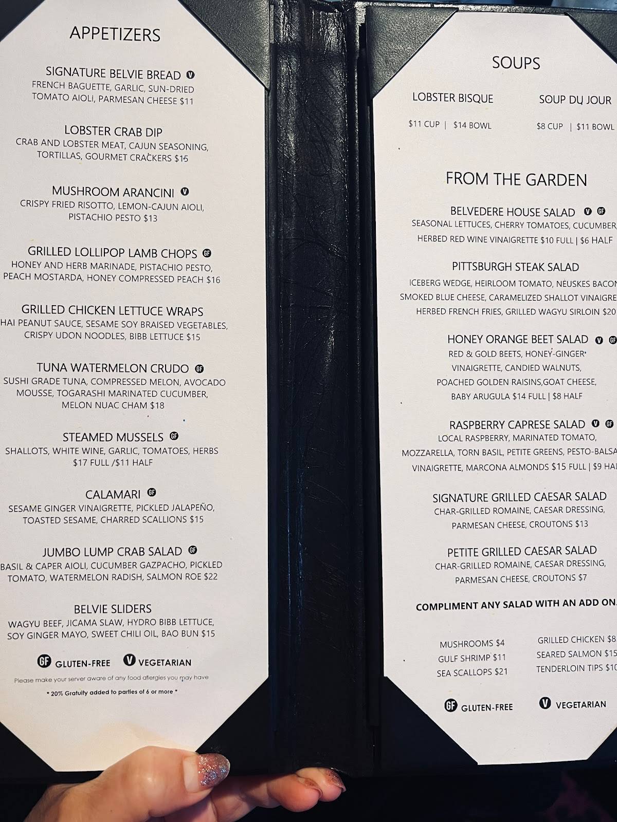Menu at The Belvedere Inn restaurant, Lancaster