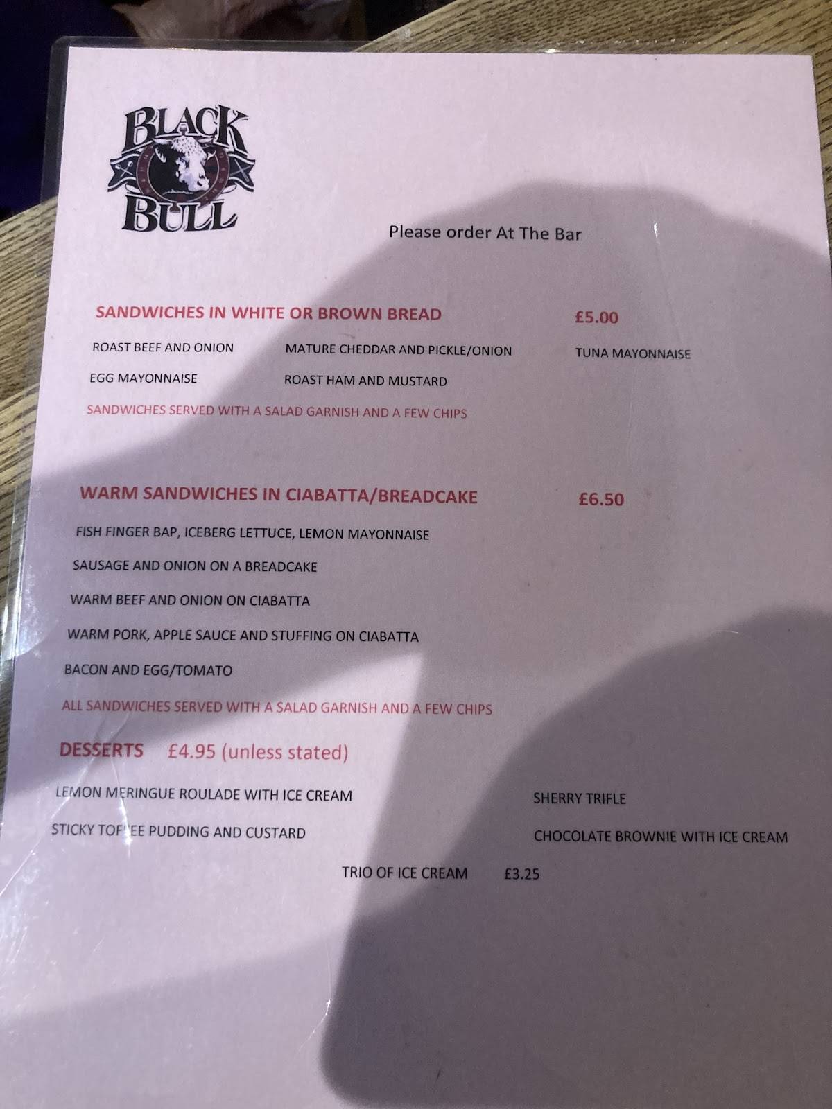 Menu at The Black Bull restaurant, Wetherby, 53 Market Pl