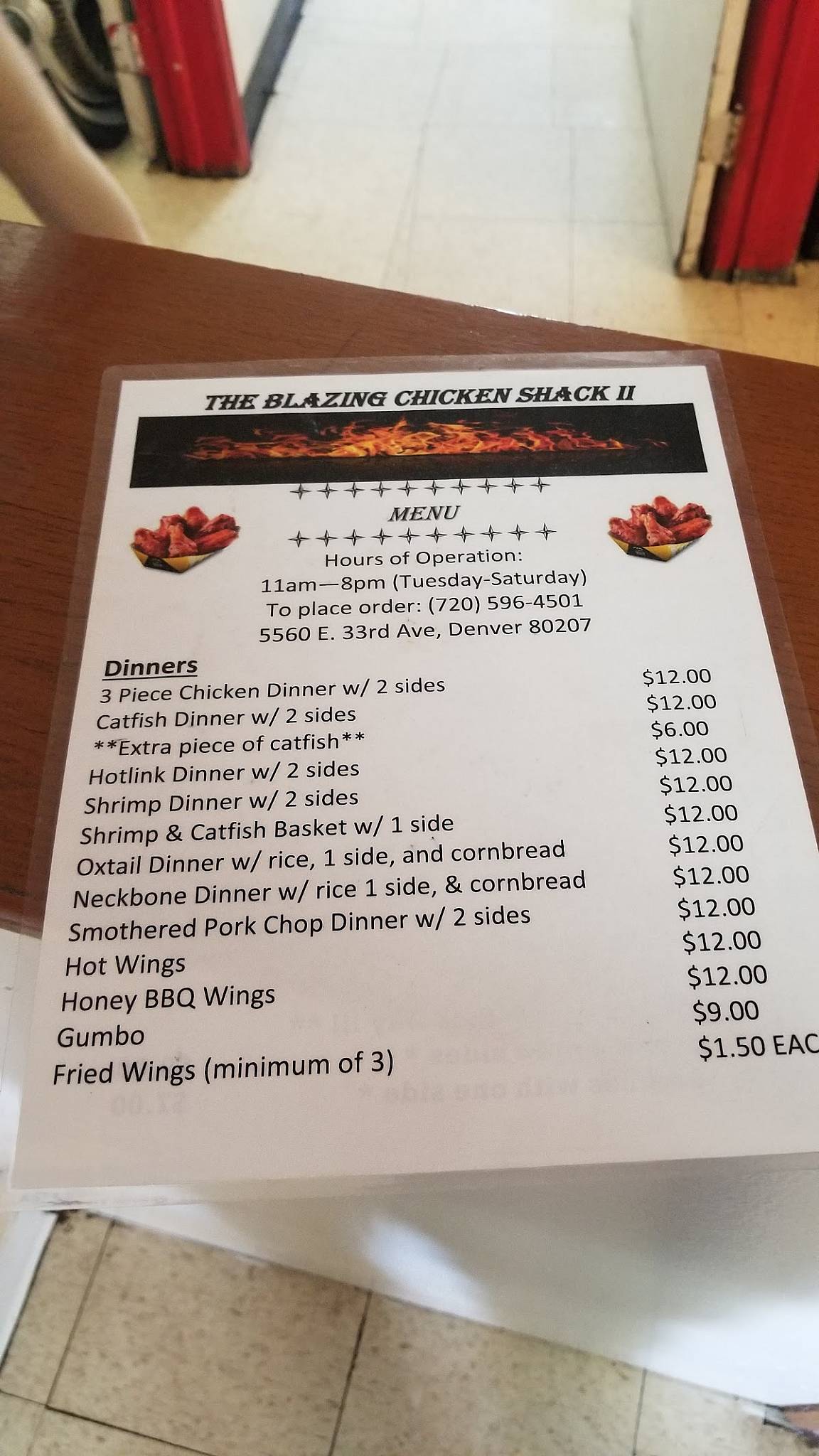 Menu at The Blazing Chicken Shack II restaurant, Denver