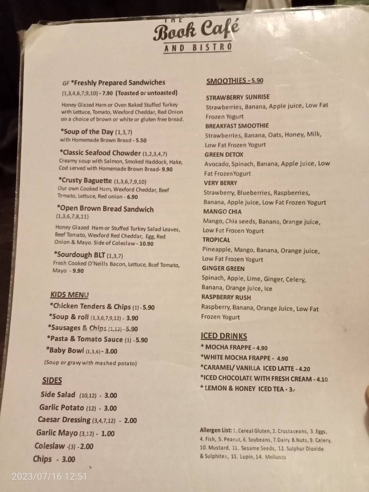 Menu at The Book Café and Bistro cafe, Gorey