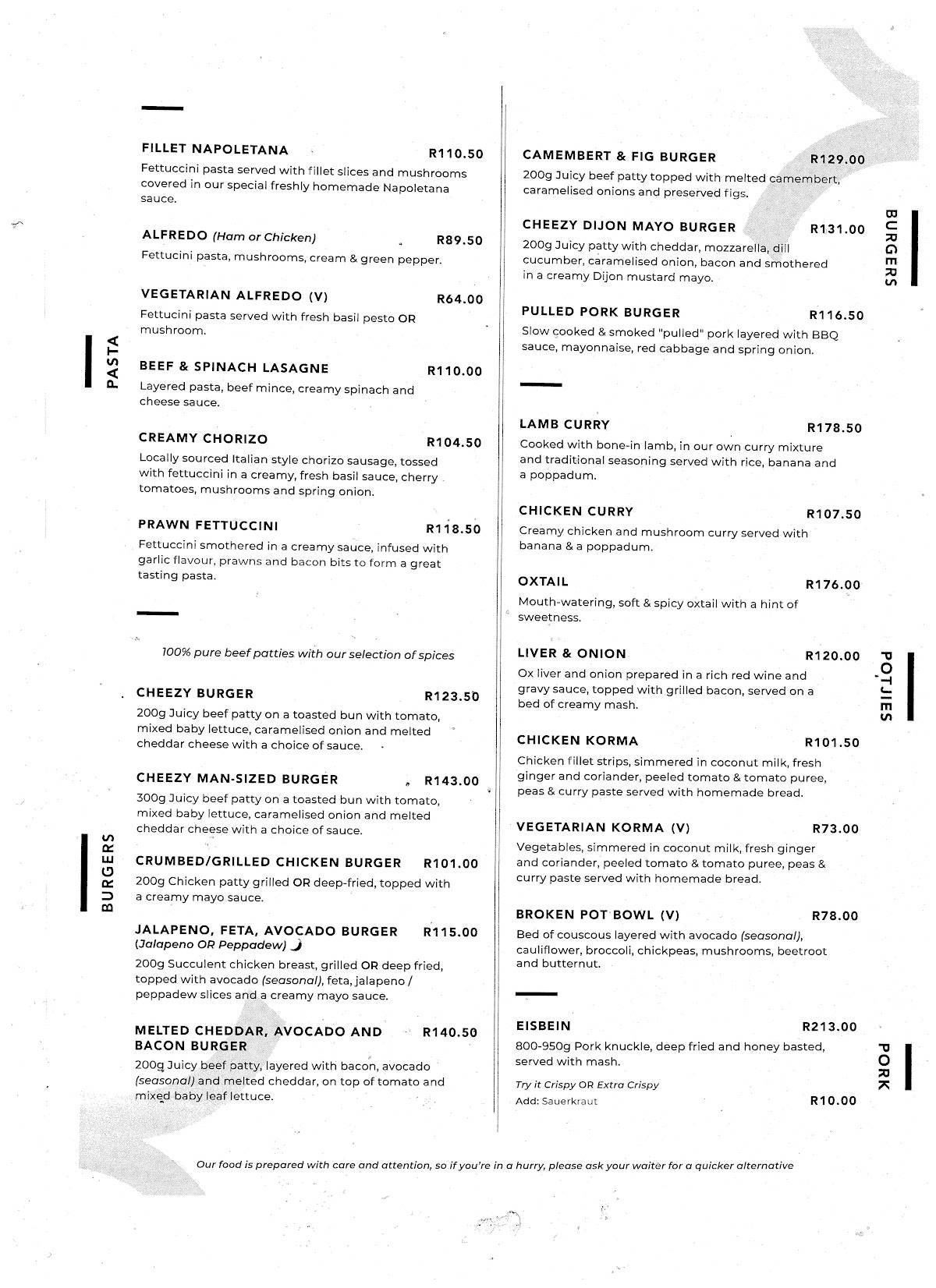 Menu at The Broken Pot restaurant, Potchefstroom