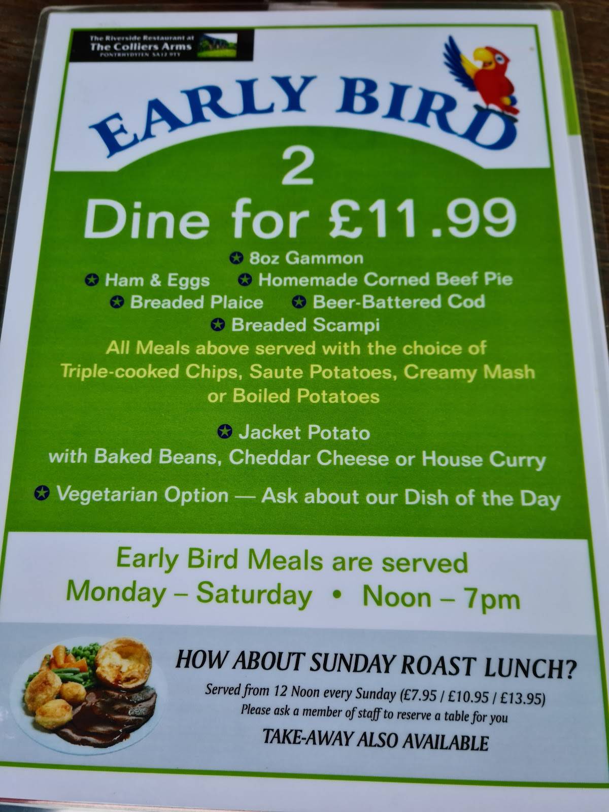Menu at The Colliers Arms pub & bar, Port Talbot