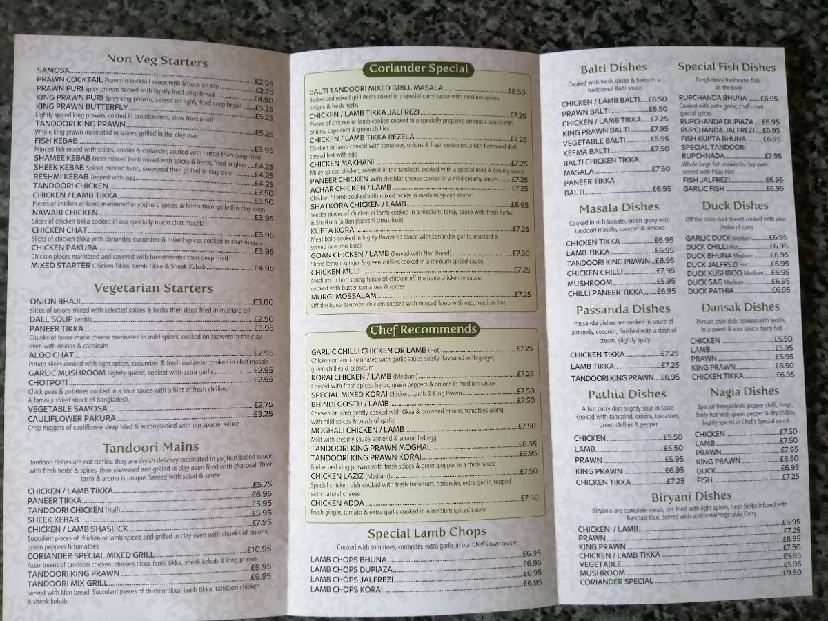 Menu at The Coriander restaurant, Basildon, 436 Whitmore Way
