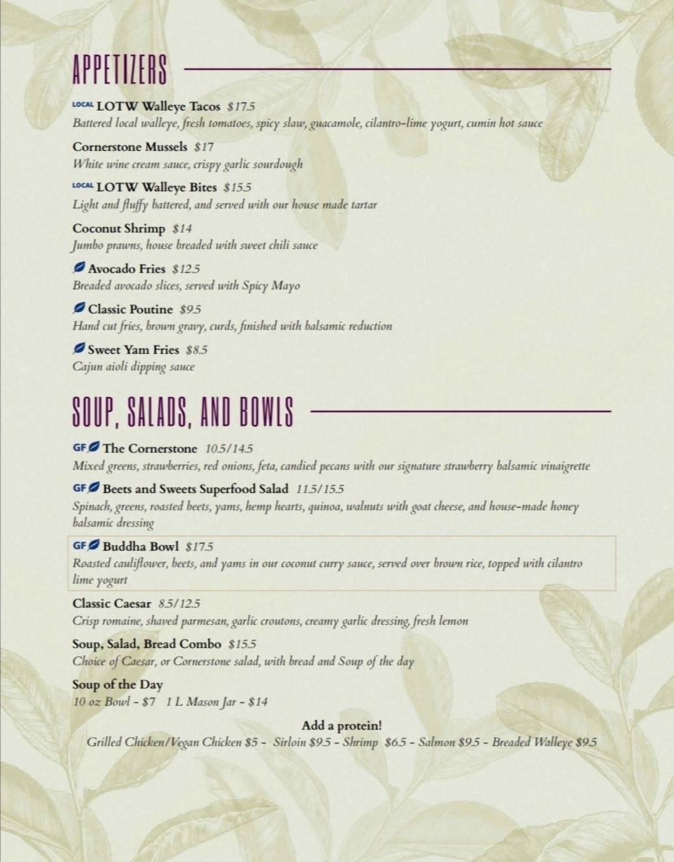 Menu at Cornerstone pub & bar, Kenora