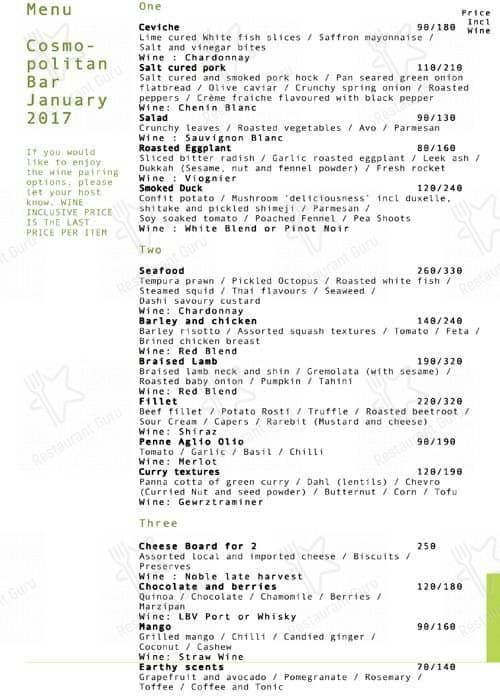 Menu at The Cosmopolitan Lounge restaurant, Johannesburg