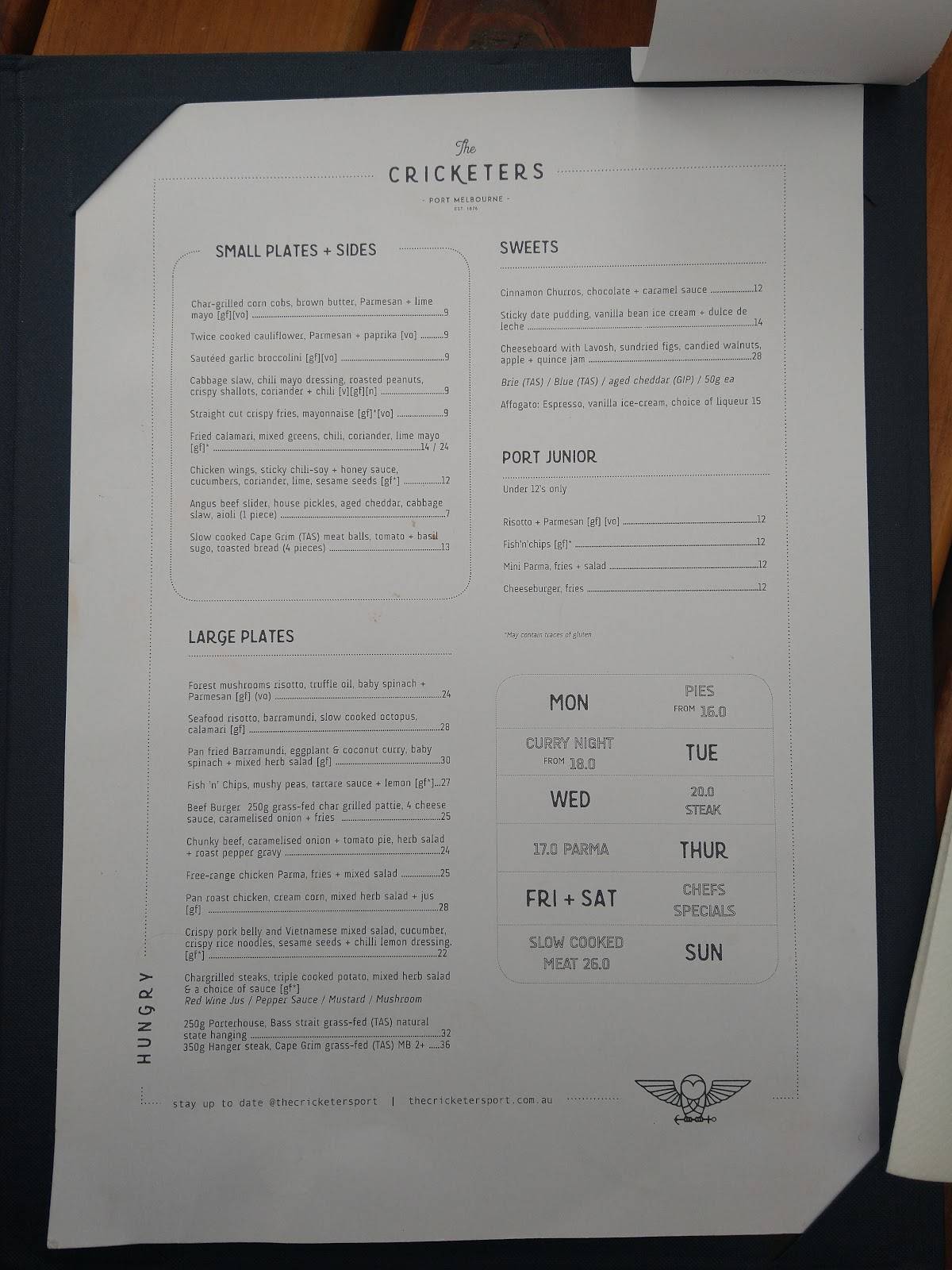 Menu at The Cricketers Port Melbourne pub & bar, Port Melbourne