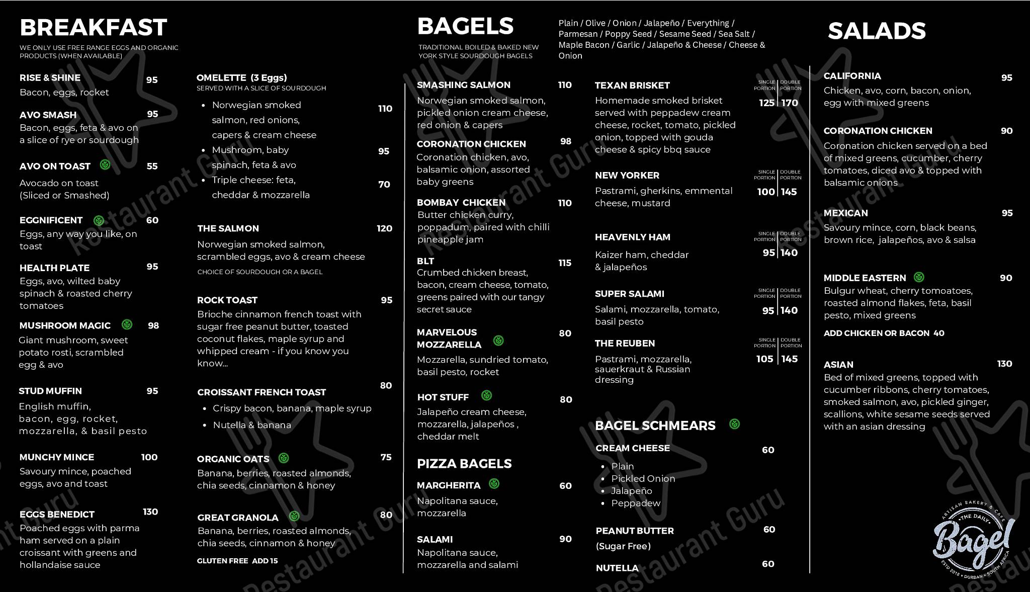Menu at The Daily Bagel, Mount Edgecombe
