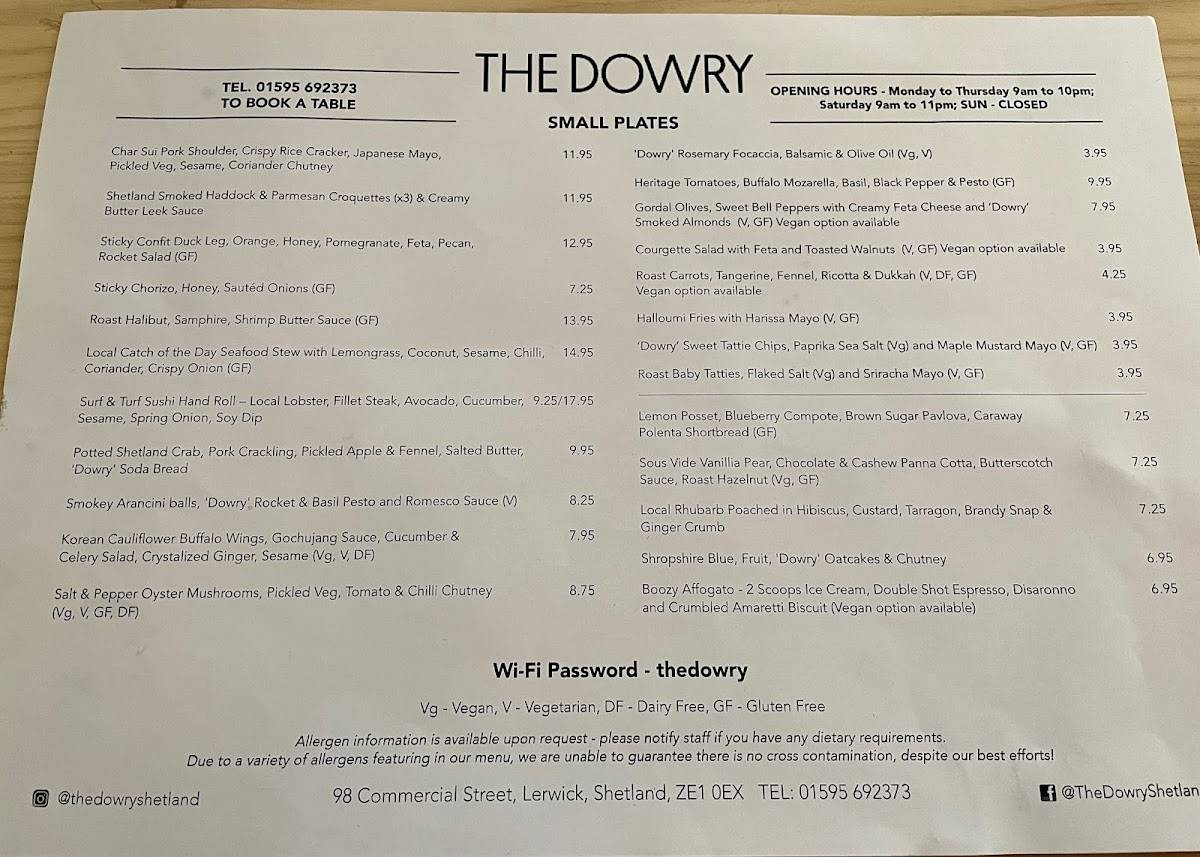 Menu at The Dowry pub & bar, Lerwick