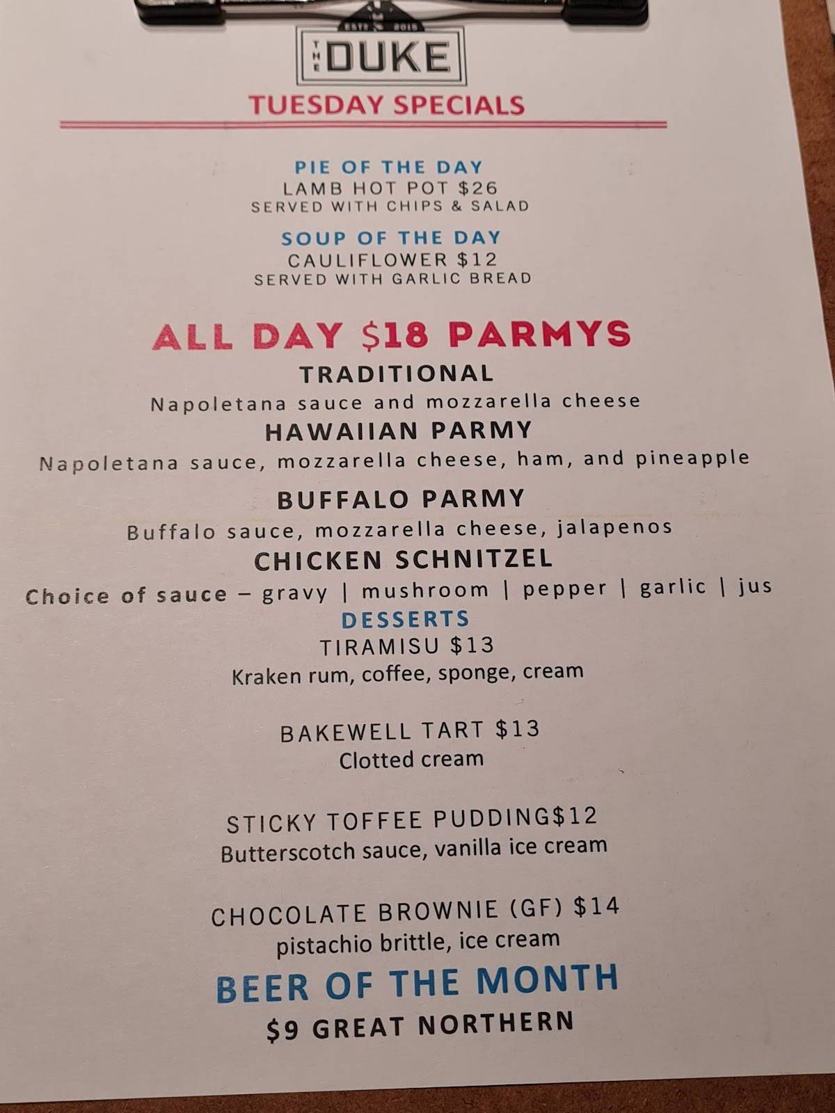 Menu at The Duke Bar and Bistro, Carramar