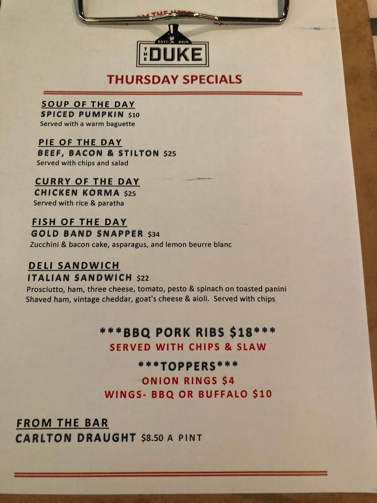 Menu at The Duke Bar and Bistro, Carramar