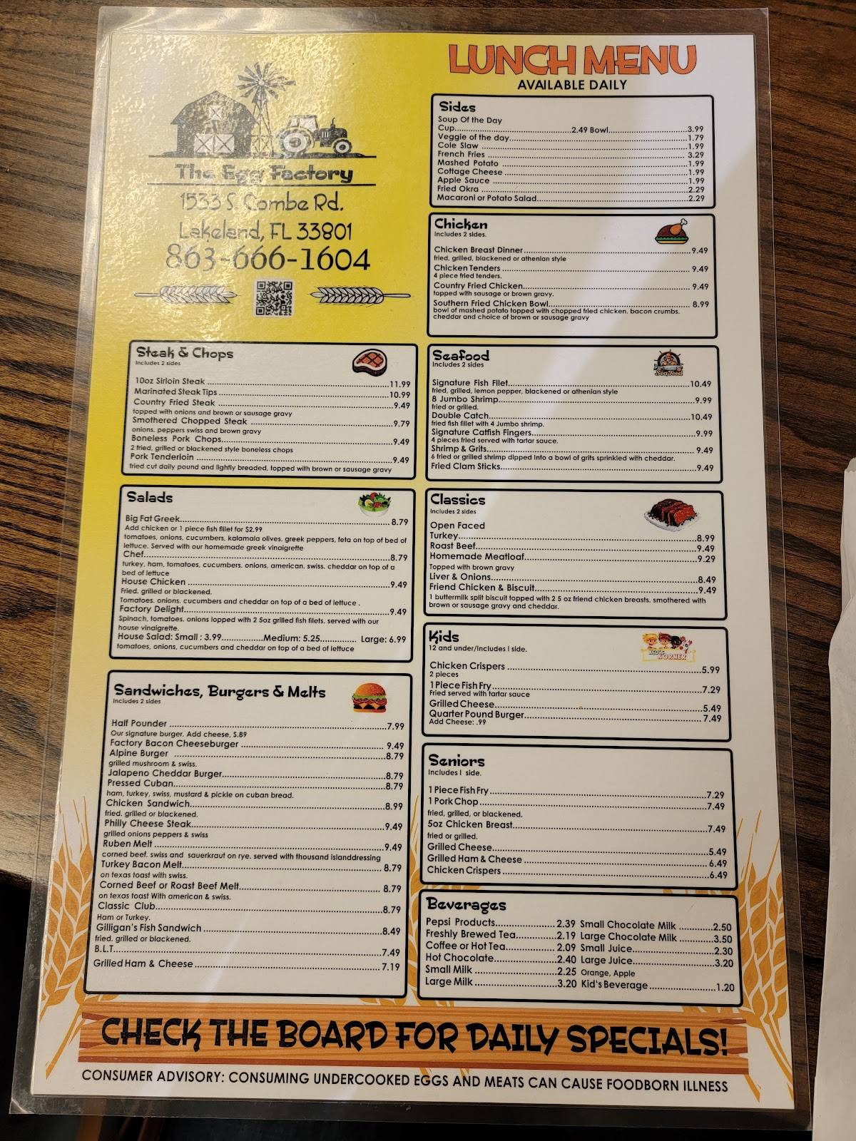 Menu at The Egg Factory restaurant, Lakeland, S Combee Rd