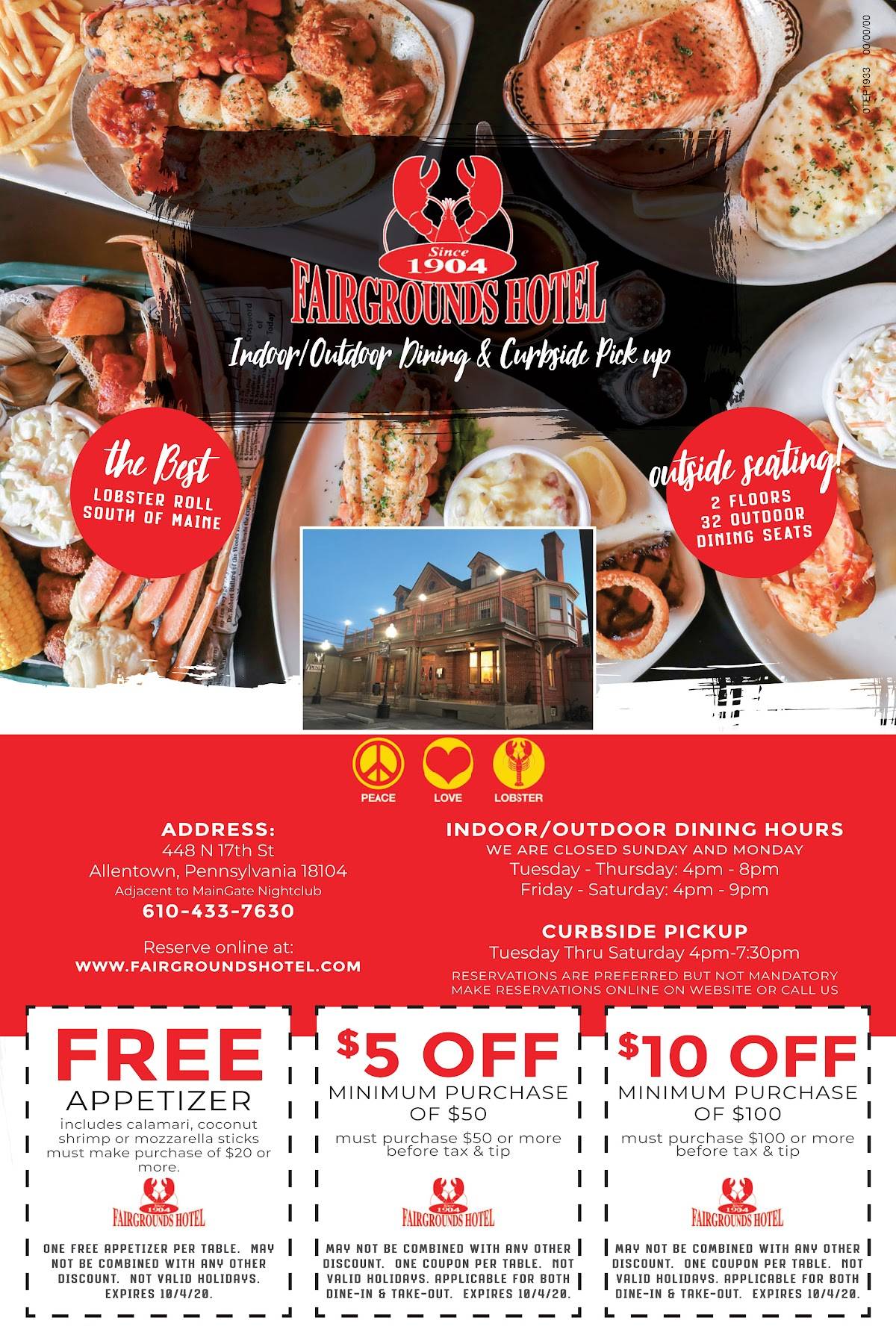 Menu at The Fairgrounds Hotel restaurant, Allentown