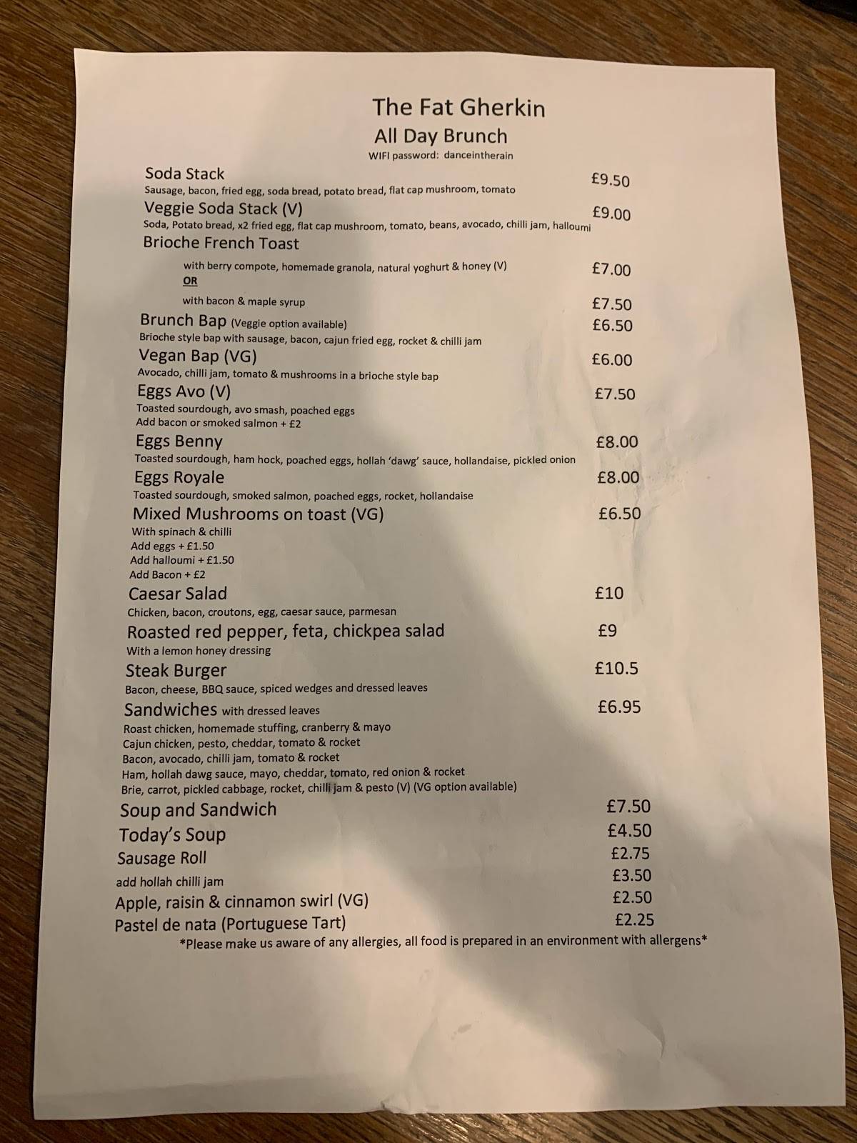 Menu at The Fat Gherkin restaurant, Moira